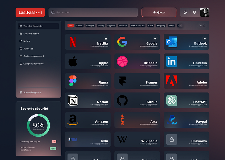 Lastpass redesign with Bento UI by Rémi Duret on Dribbble