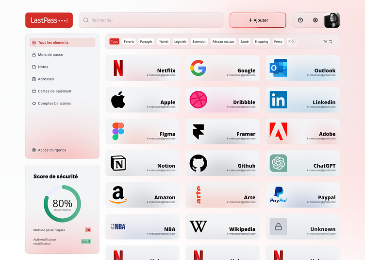 Lastpass redesign with Bento UI by Rémi Duret on Dribbble