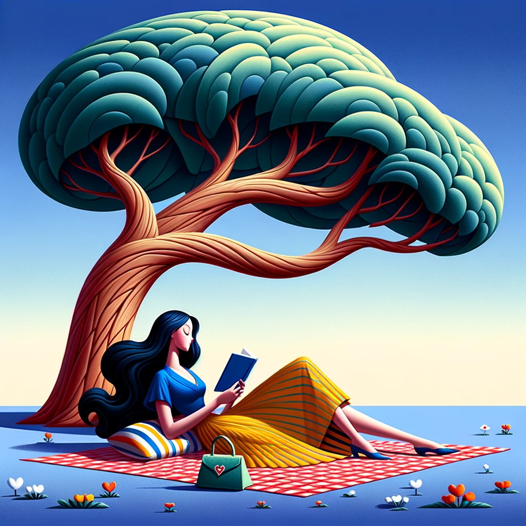 Stylized woman sitting under a large, whimsical tree by Gunner Reynolds ...