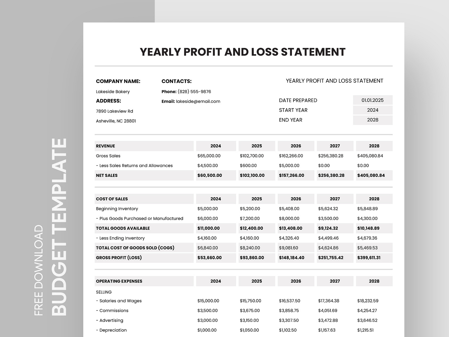 Yearly Profit and Loss Statement Free Google Sheets Template by Free ...