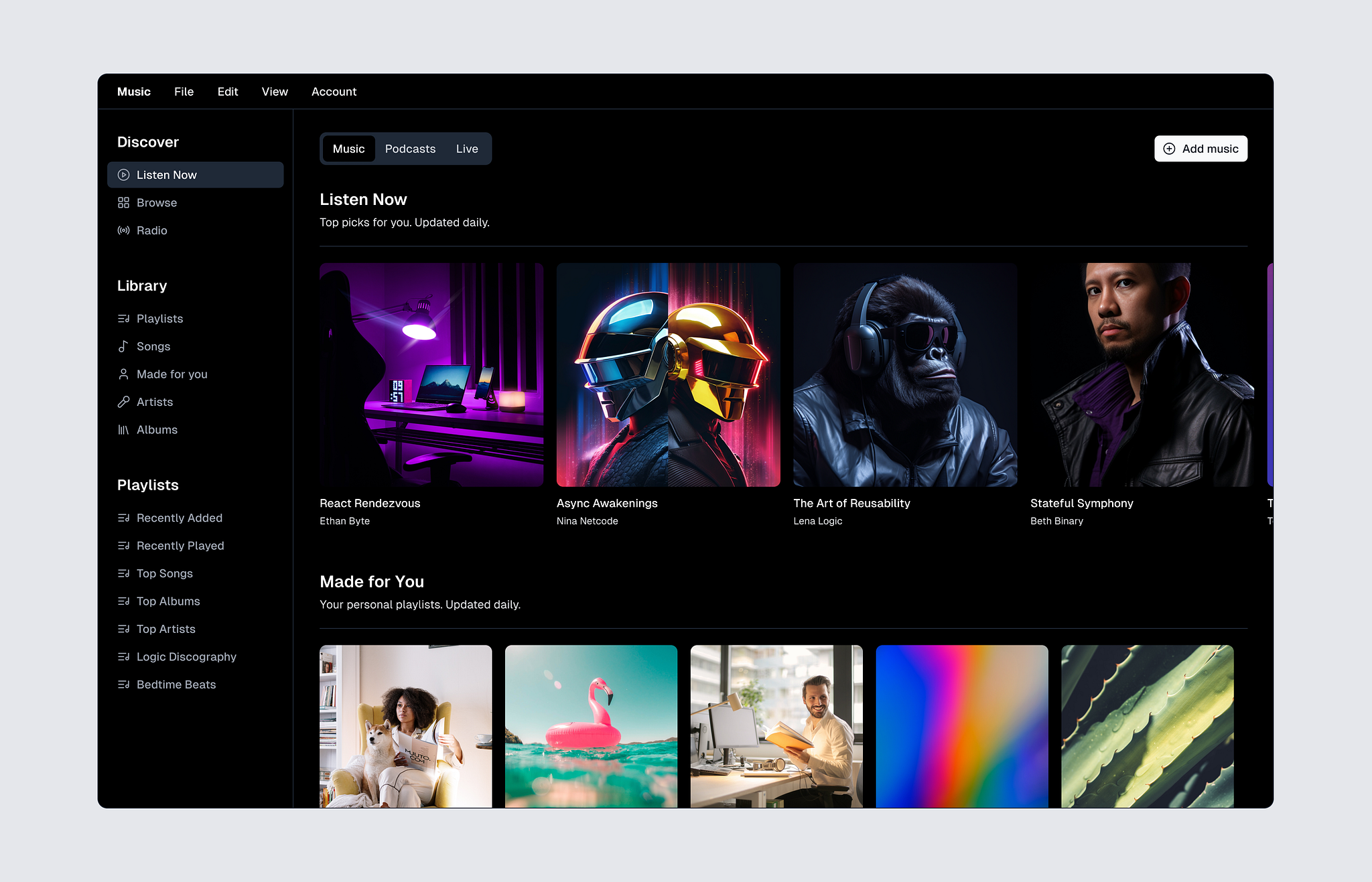 Music app example in Figma from shadcn/ui by Roy Quilor on Dribbble