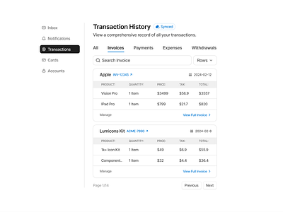 Transaction History - Invoices by Xchyler Drenth on Dribbble