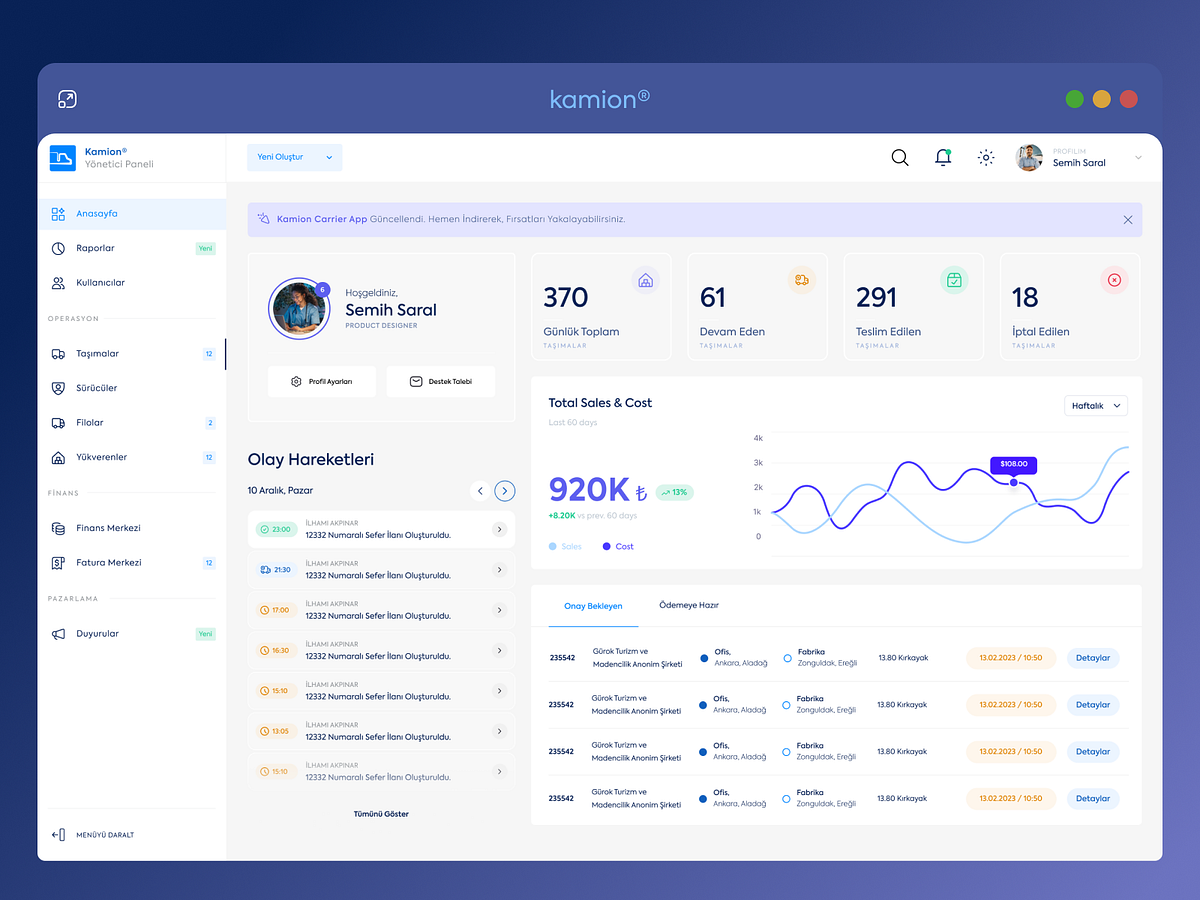 Kamion Dashboard Re-Design by Semih SARAL on Dribbble