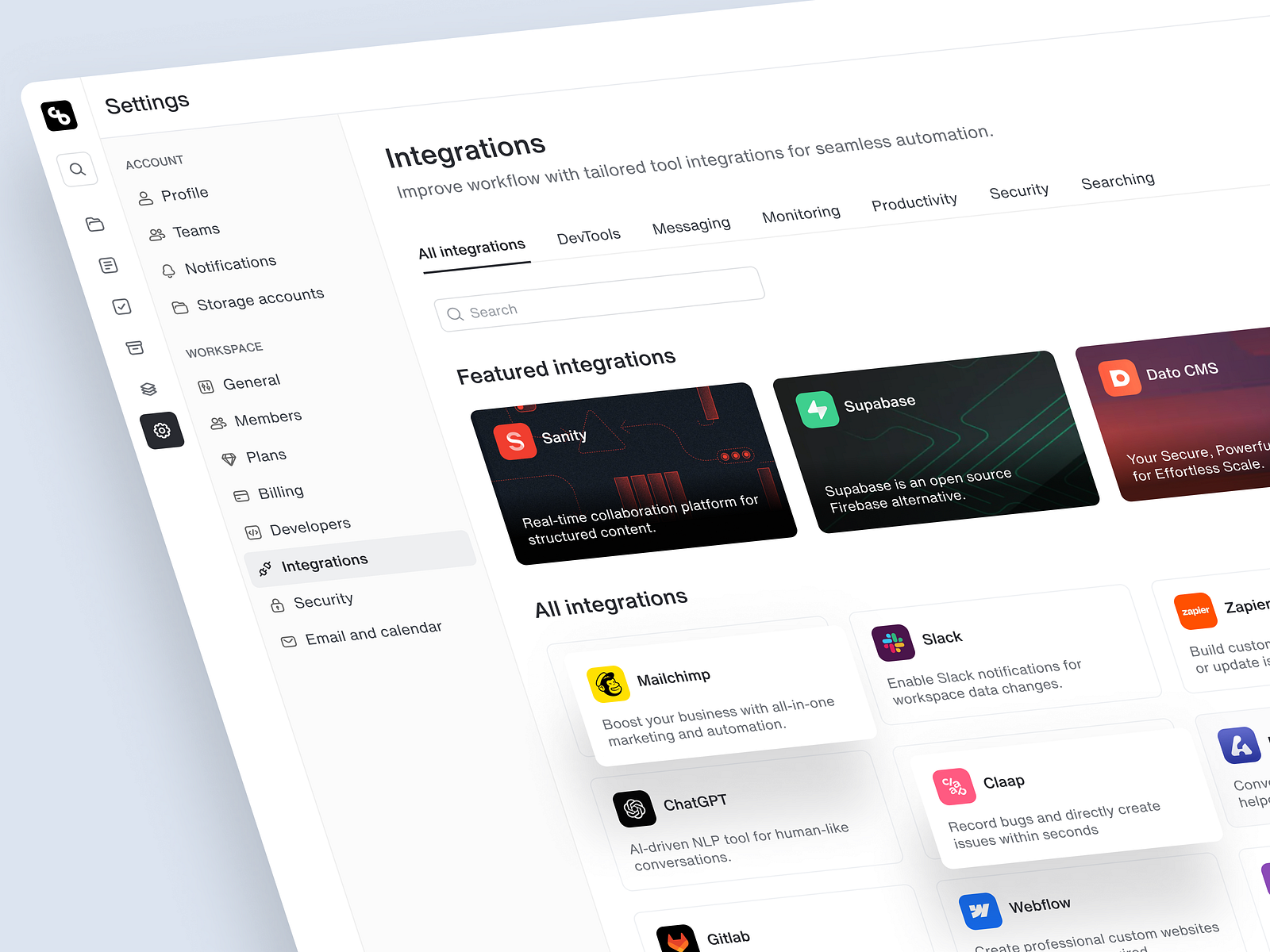Integrations - Settings Page by Mohammed Fazil for Stead on Dribbble