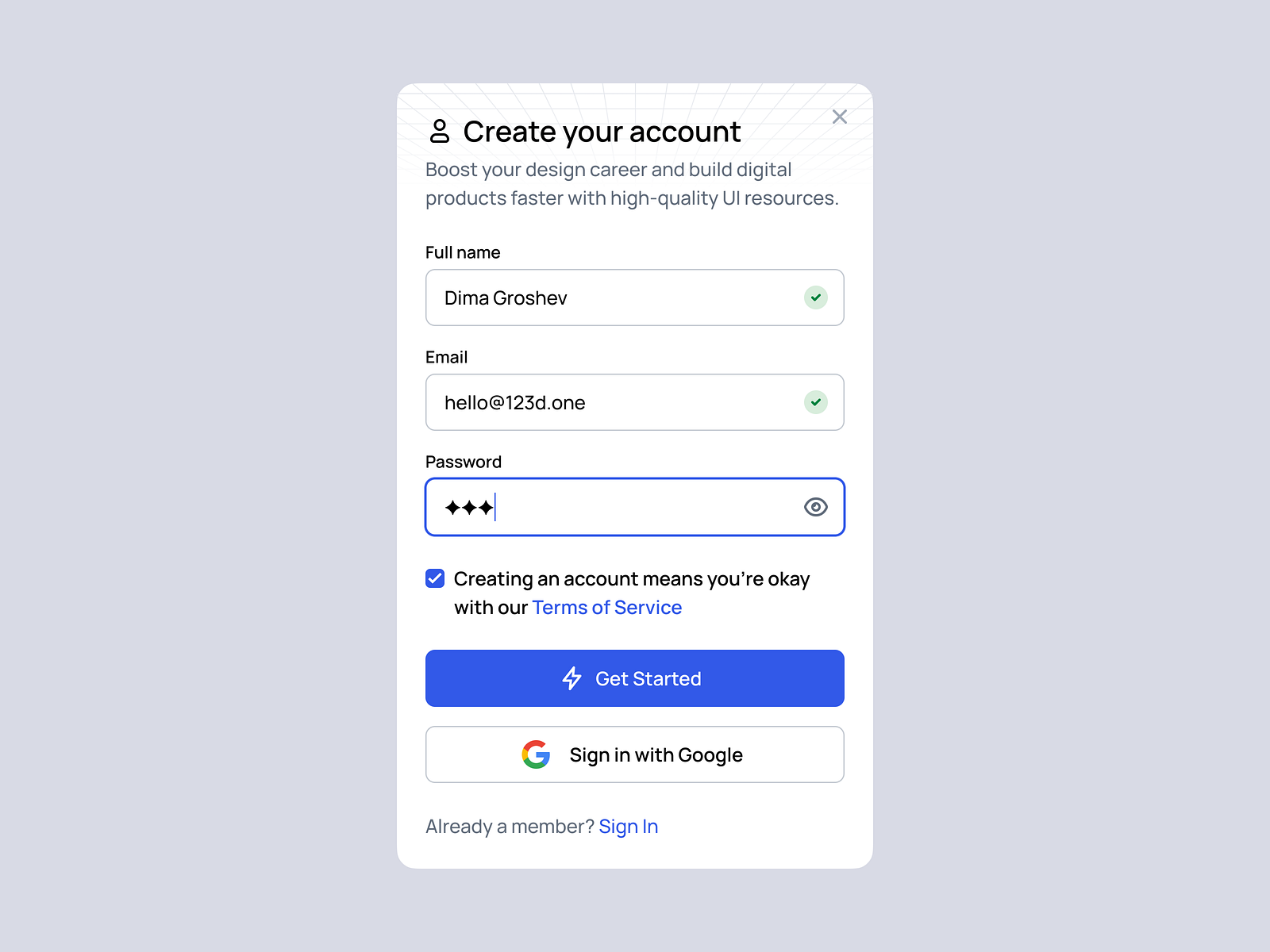 Create an account by Dima Groshev | 123done on Dribbble