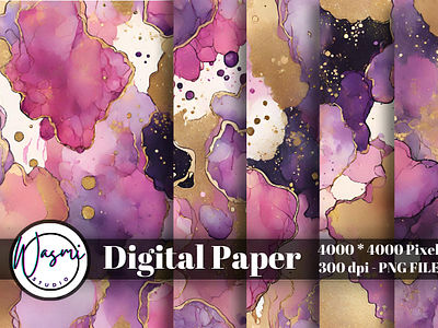 Alcohol Ink Pink & Purple & Gold Abstract Background by WasmiStudio on ...