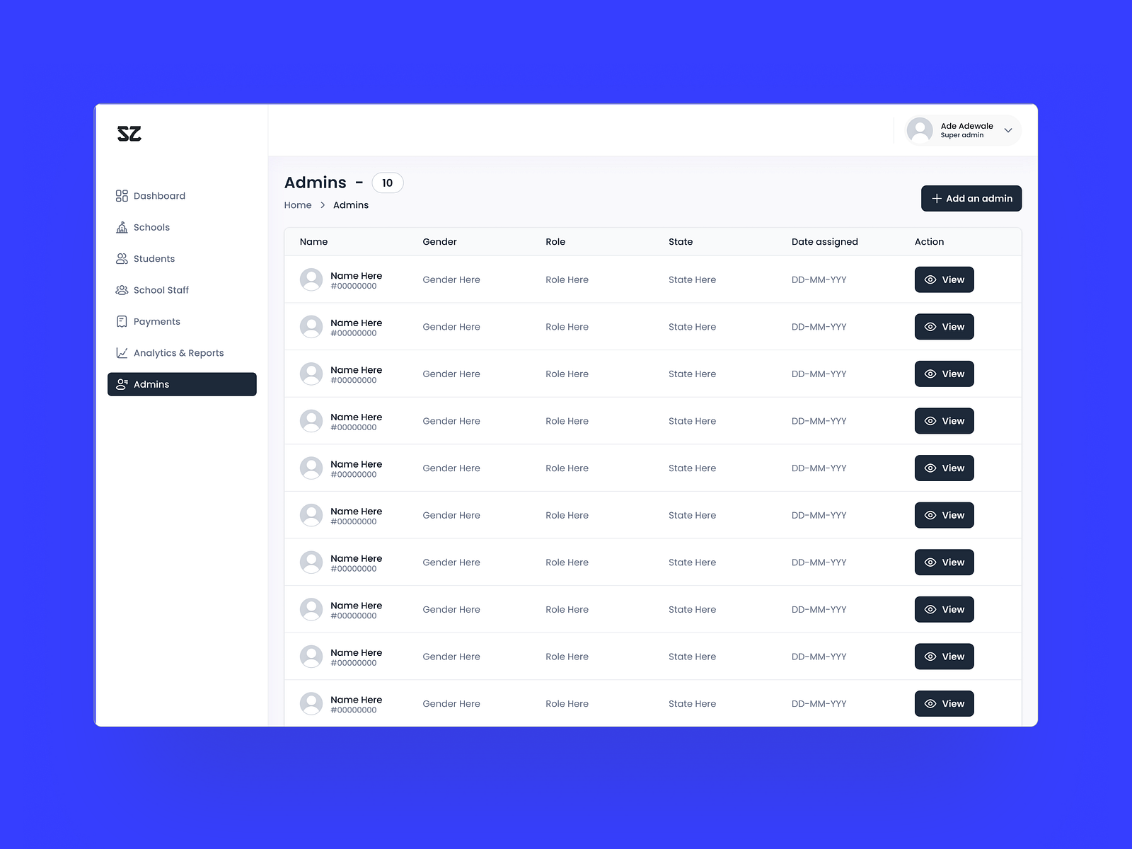 Admin view screen on a School management webapp by Salam Zakari on Dribbble