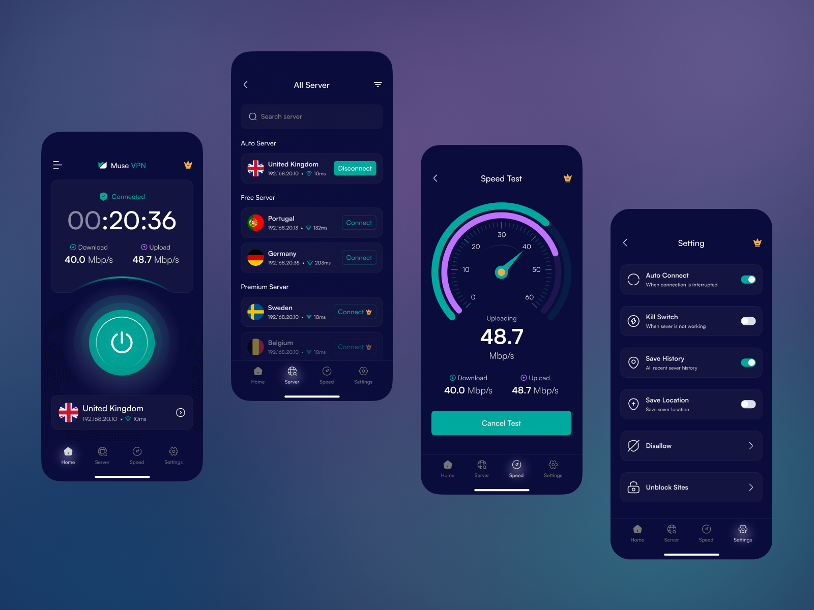 Muse VPN Mobile App Design Dark by Kamalesh Roy on Dribbble