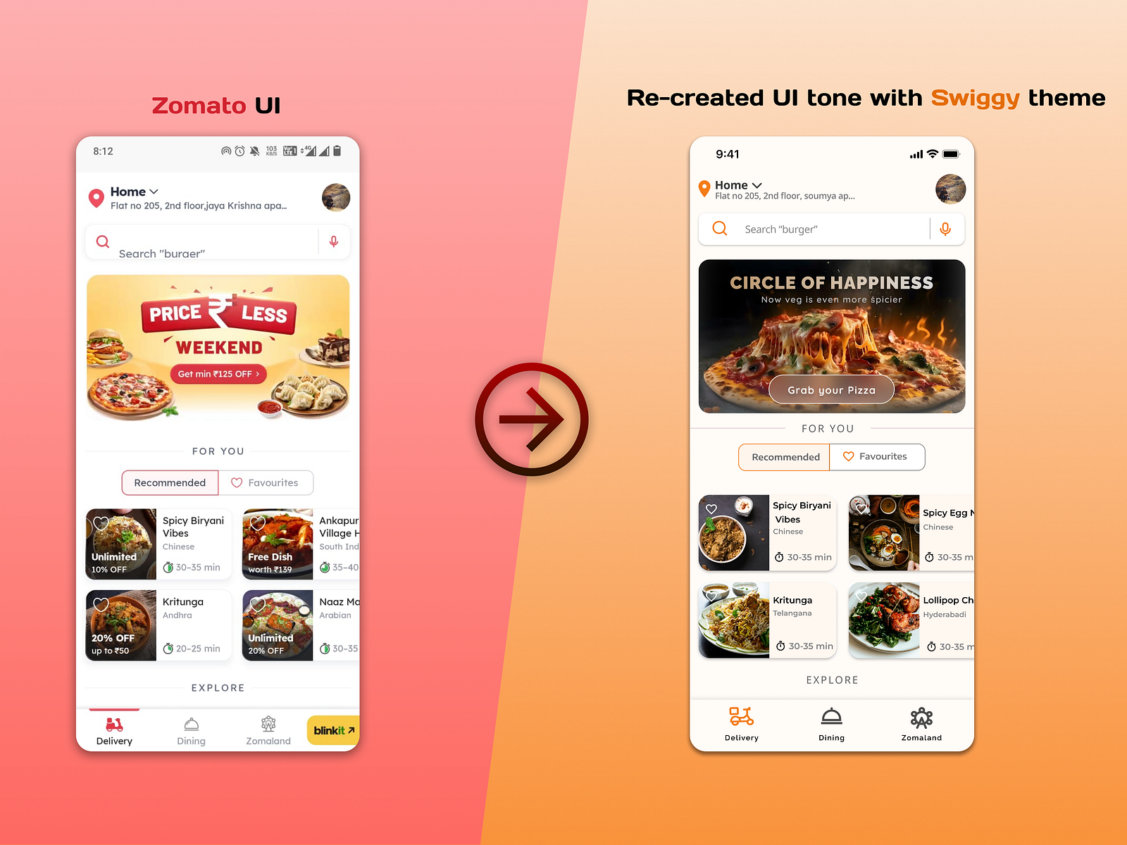 Zomato UI retouched with Swiggy's colors. by Manotej Reddy Patlolla on Dribbble