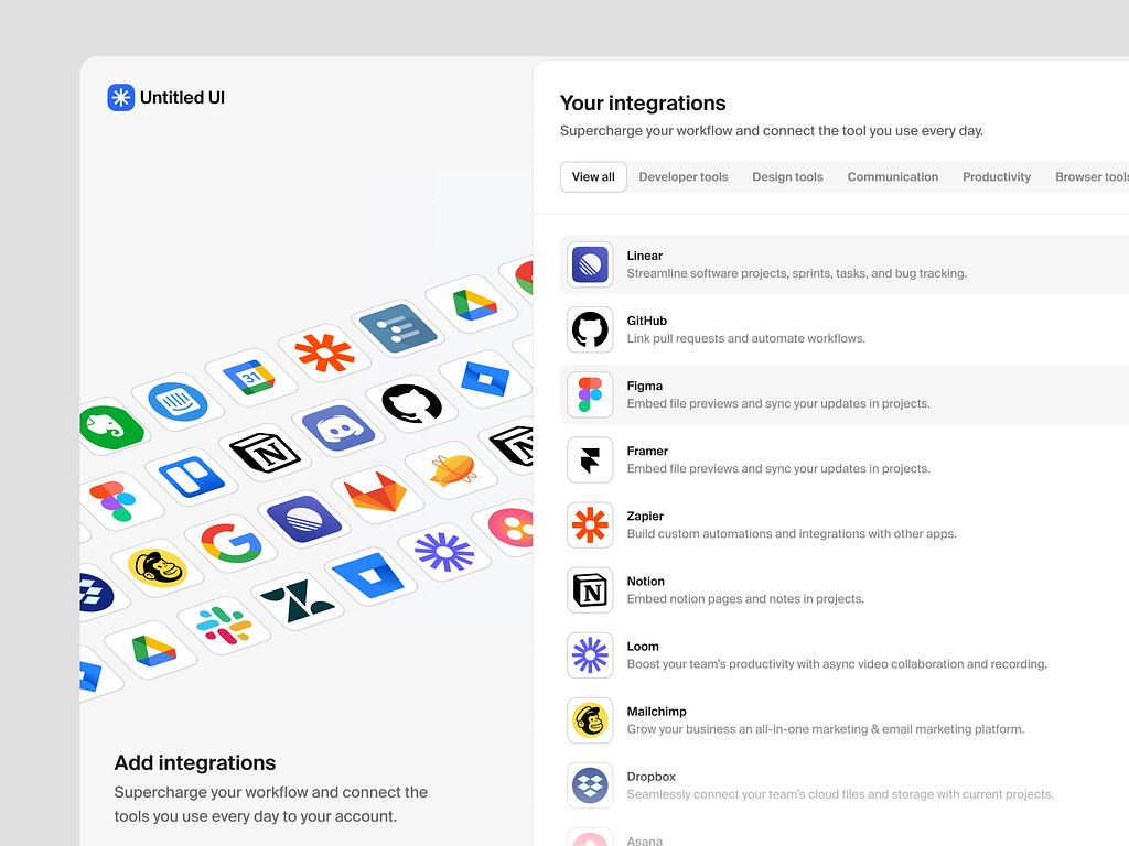 Your integrations — Untitled UI by Jordan Hughes® on Dribbble