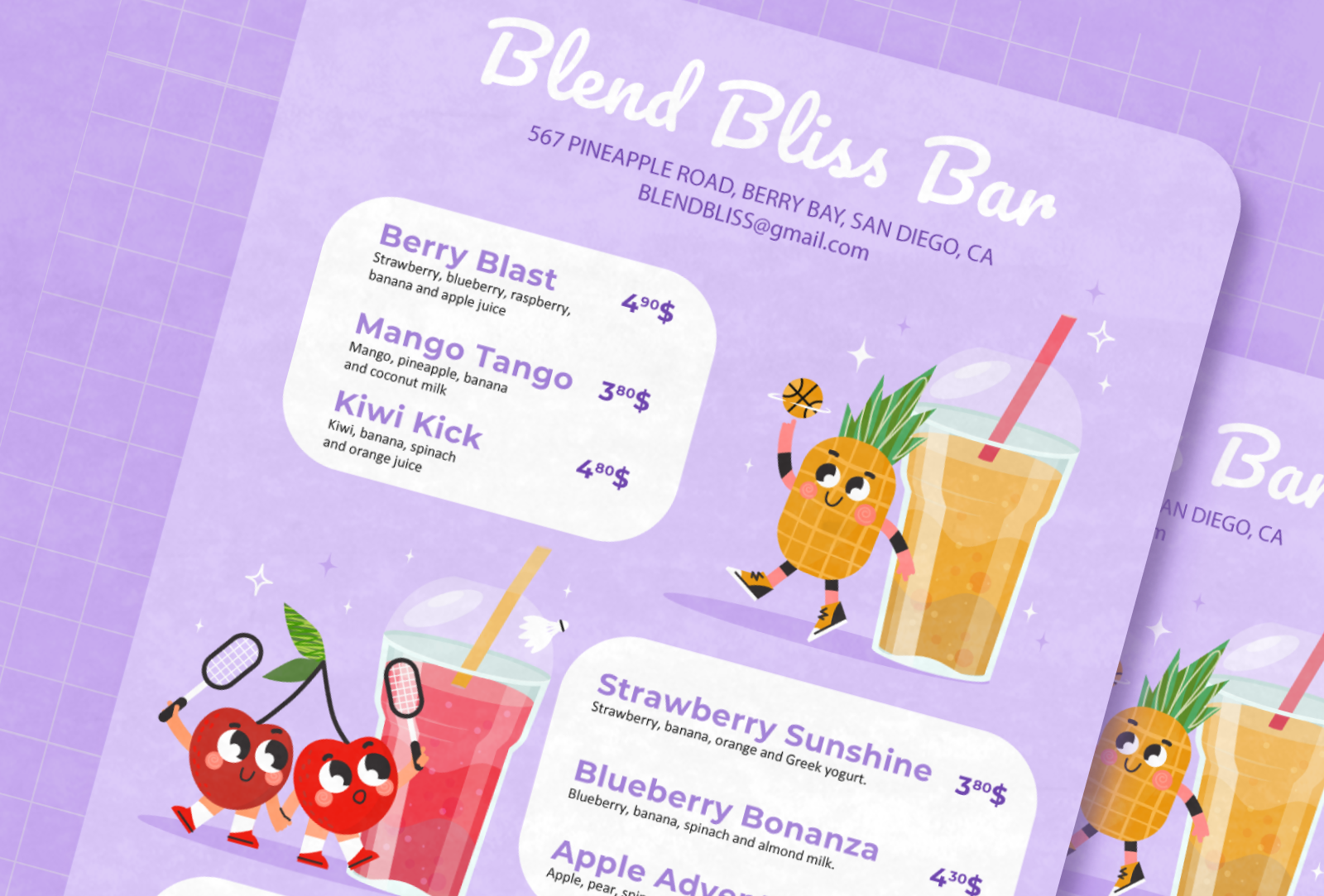 Smoothie menu. Cartoon character design. Cherry Pineapple by Maria ...