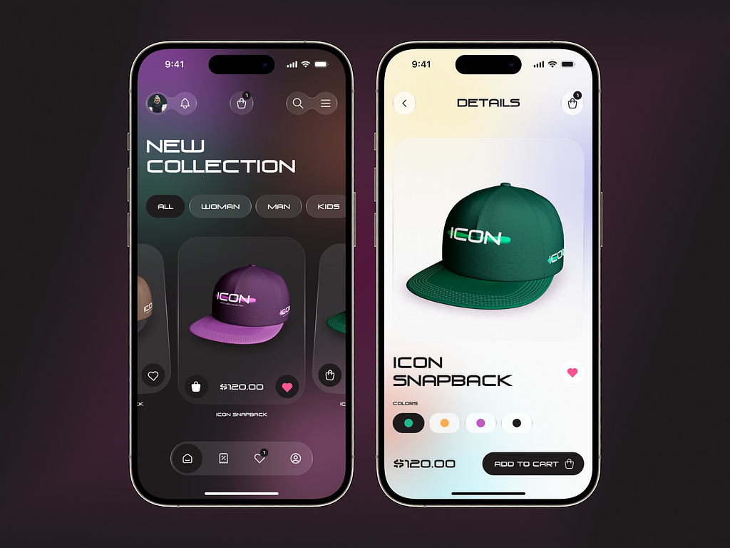 "Icon" snapback shop mobile app (UX/UI) by Evhenii Hroma on Dribbble