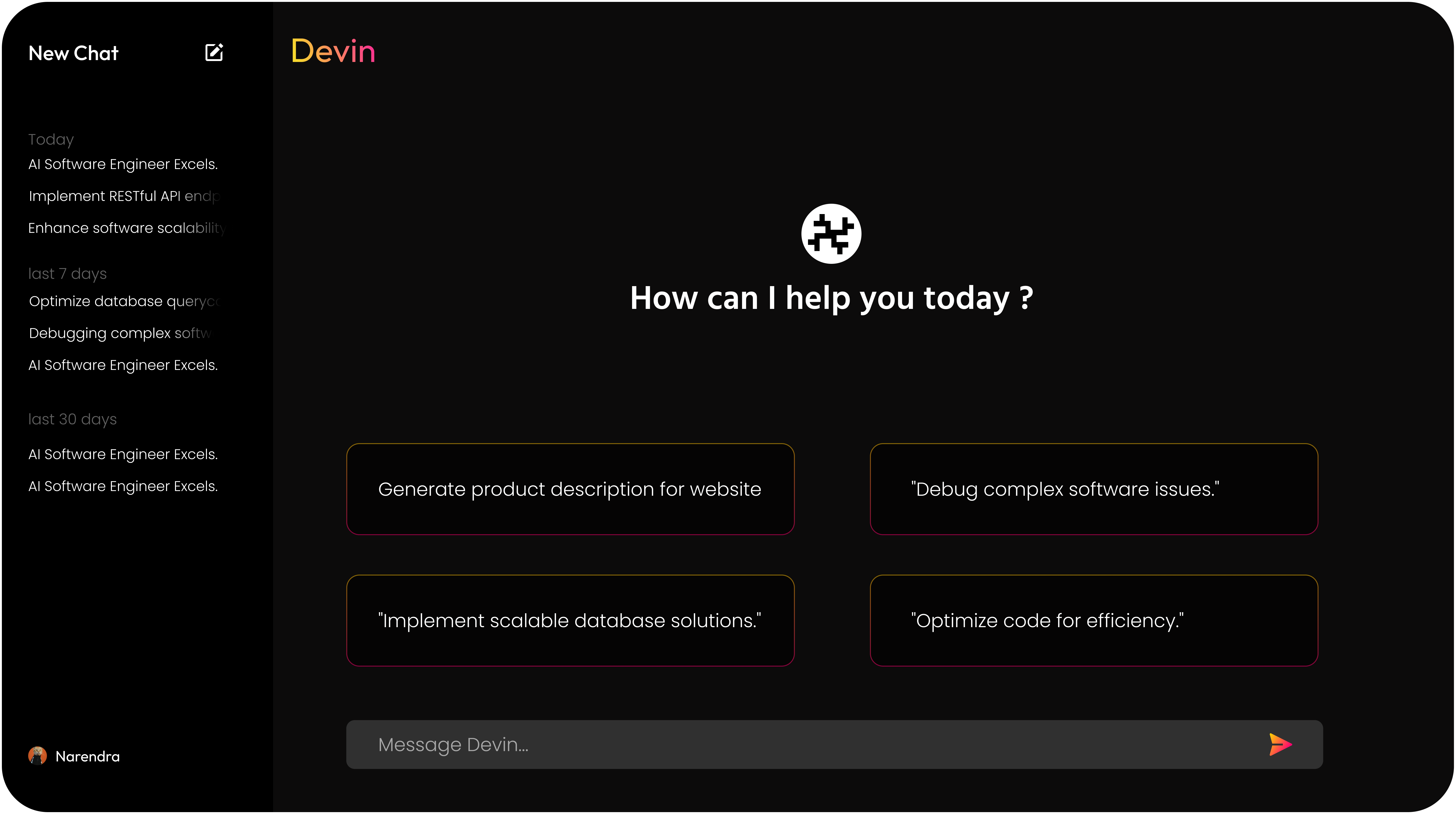 Devin (AI software engineer) UI screens by Narendra Prajapati on Dribbble