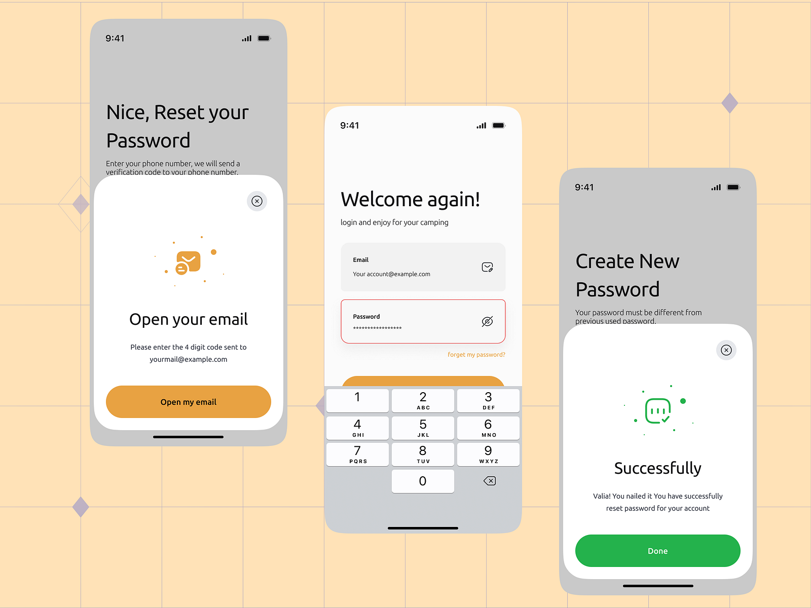 Forget passwords and reset passwords screens for Camping app by Karim ...