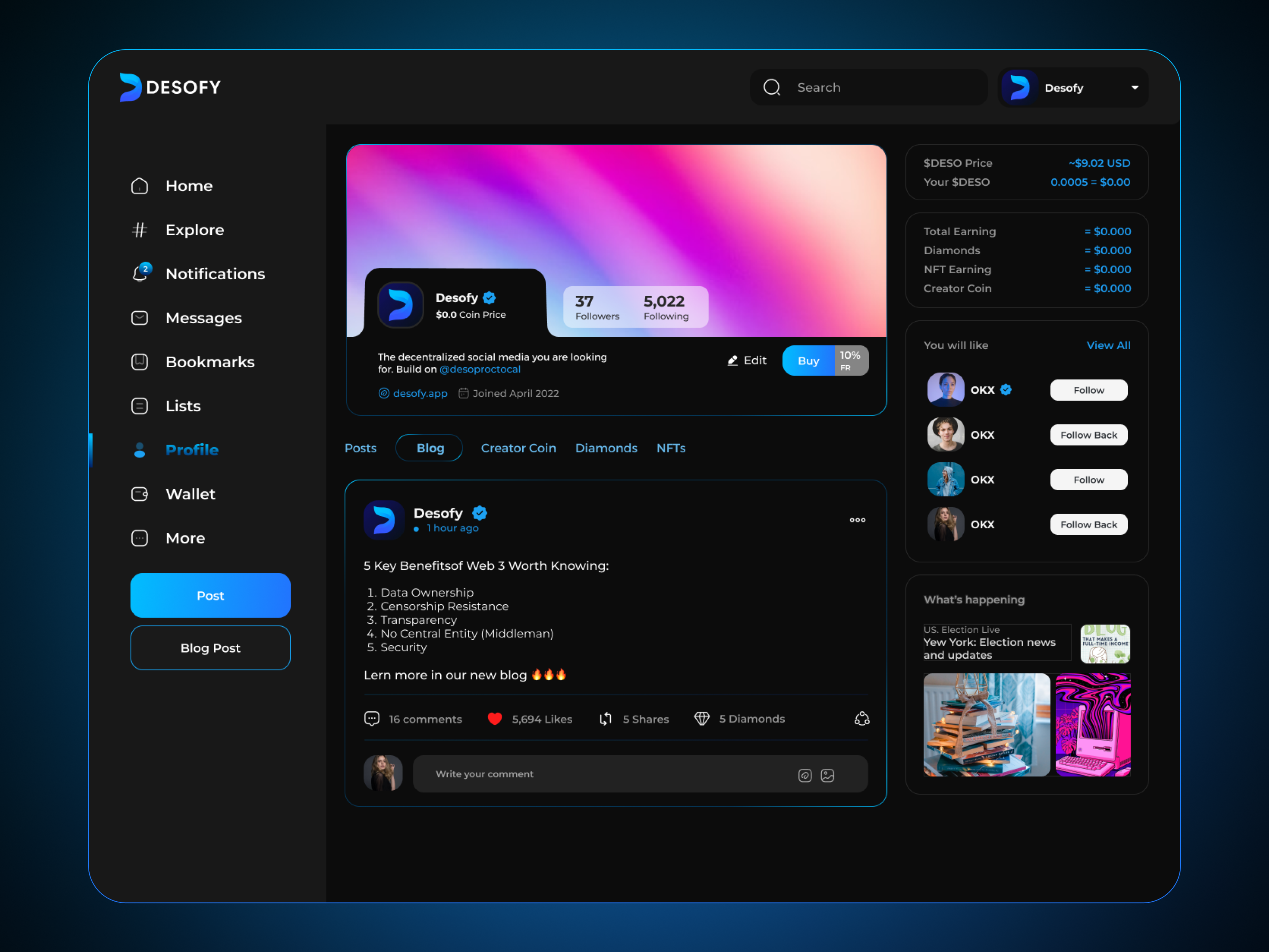 Social Media Dark Web UI (Desktop) by Welldux on Dribbble