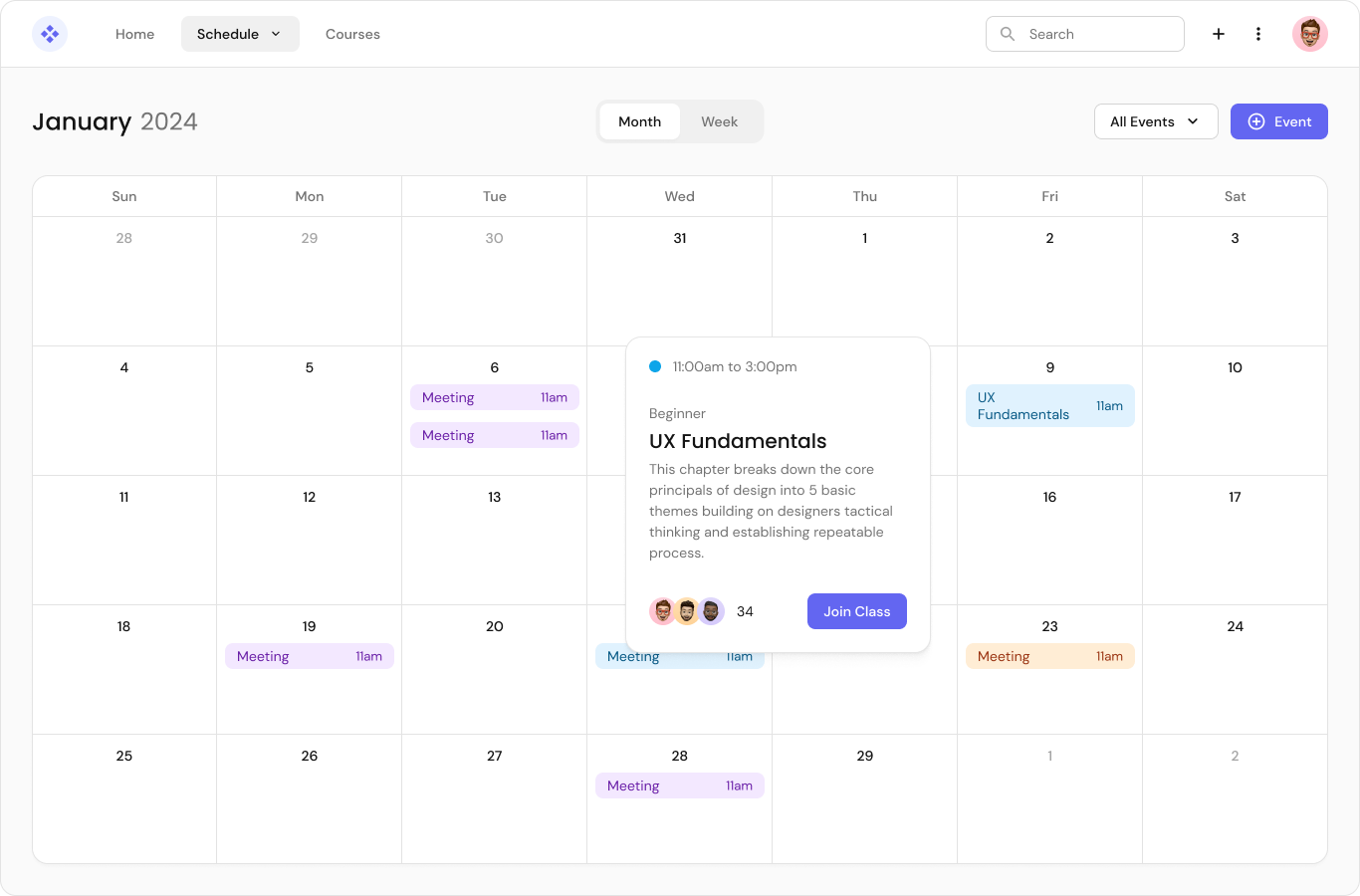 Calendar Month View Example by Baseline UI on Dribbble