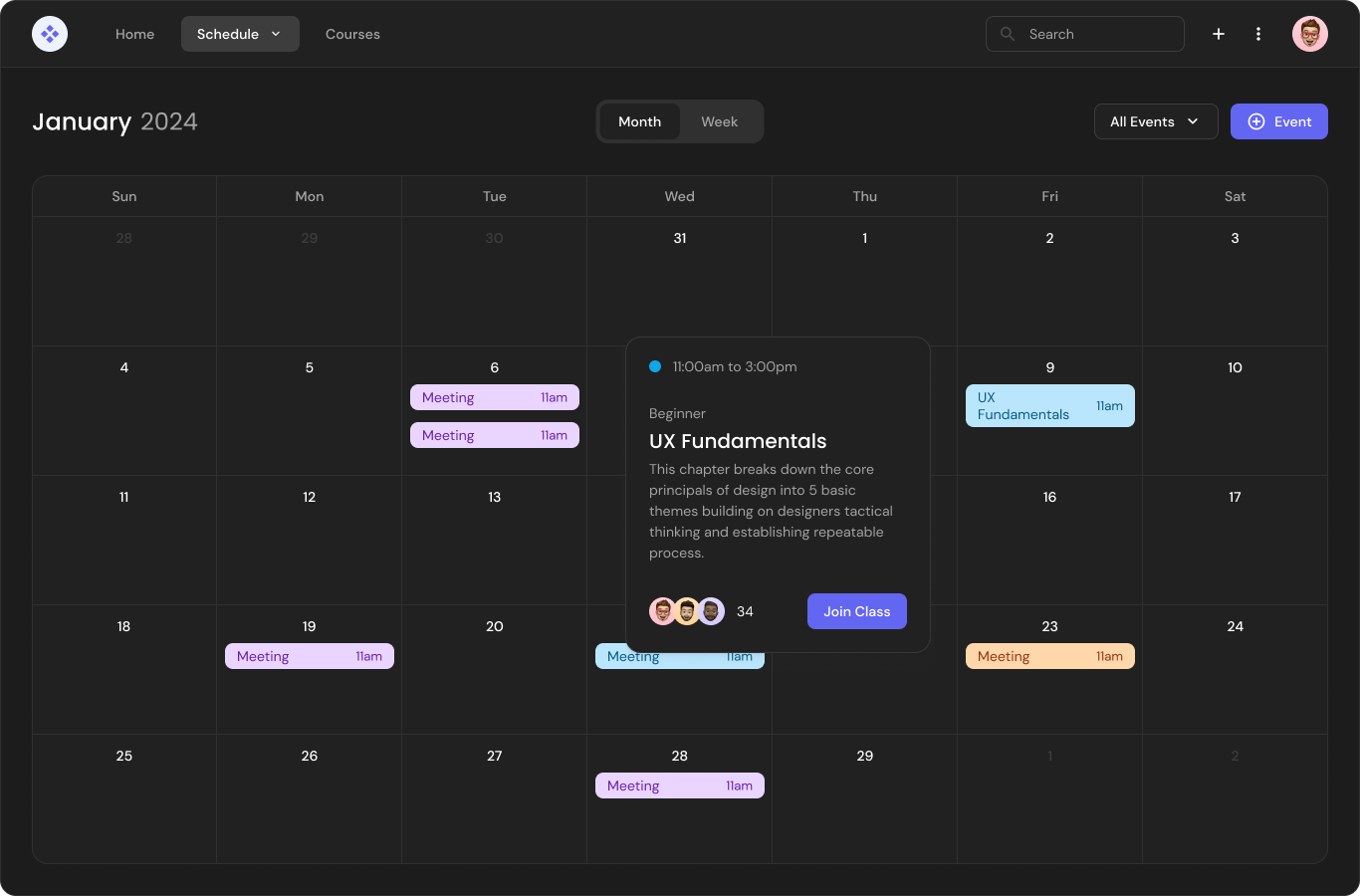 Calendar Month View Example by Baseline UI on Dribbble