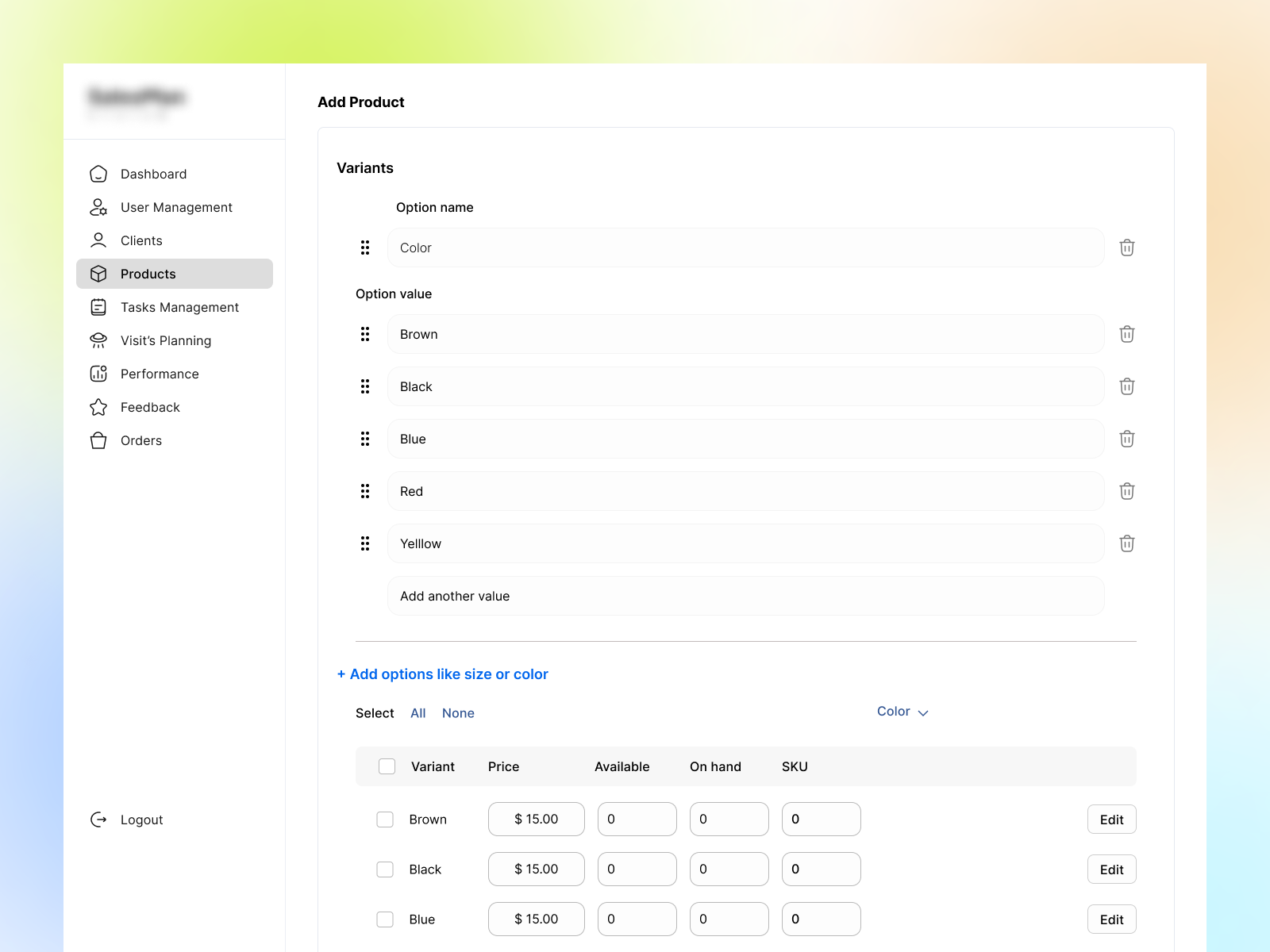 Add Product Variants - Dashboard by Borkat Ullah on Dribbble