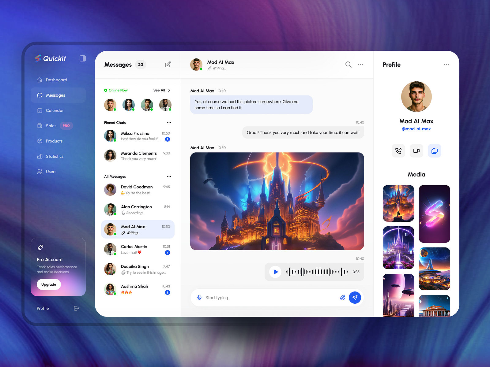 Chat page for Quickit UI Kit by Nikolay K. on Dribbble