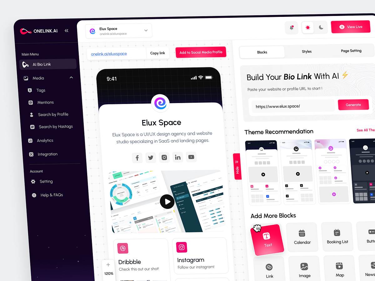 Onelink.AI - AI Bio Link Dashboard by Zaim Maulana for Elux Space on Dribbble