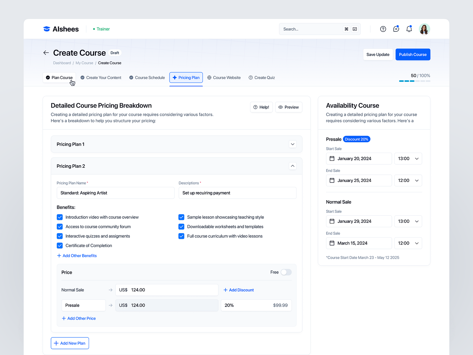 Create New Course / Pricing Plan - Online Course Platform by Fariz Al 👋 ...