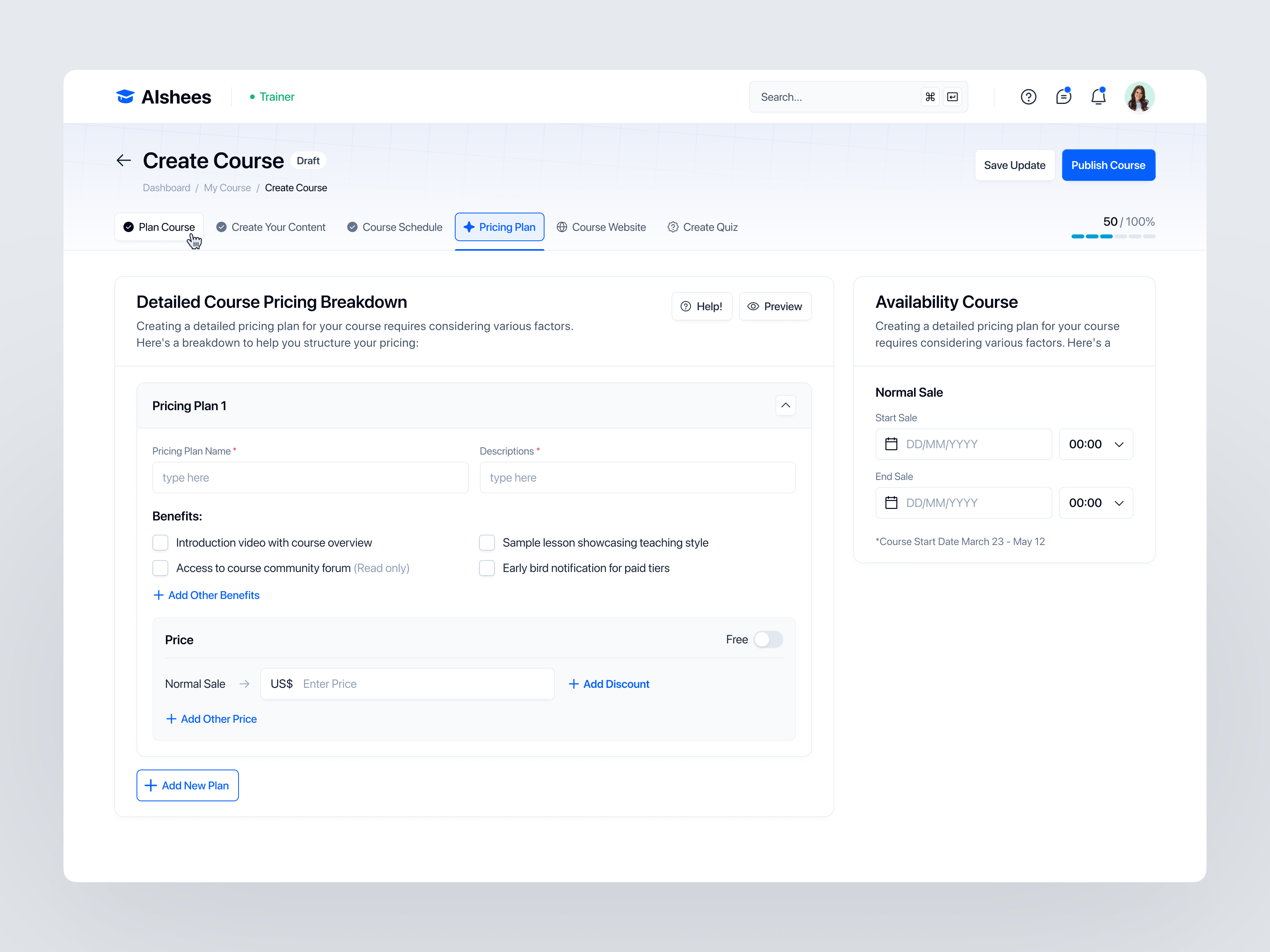 Create New Course / Pricing Plan - Online Course Platform by Fariz Al 👋 ...