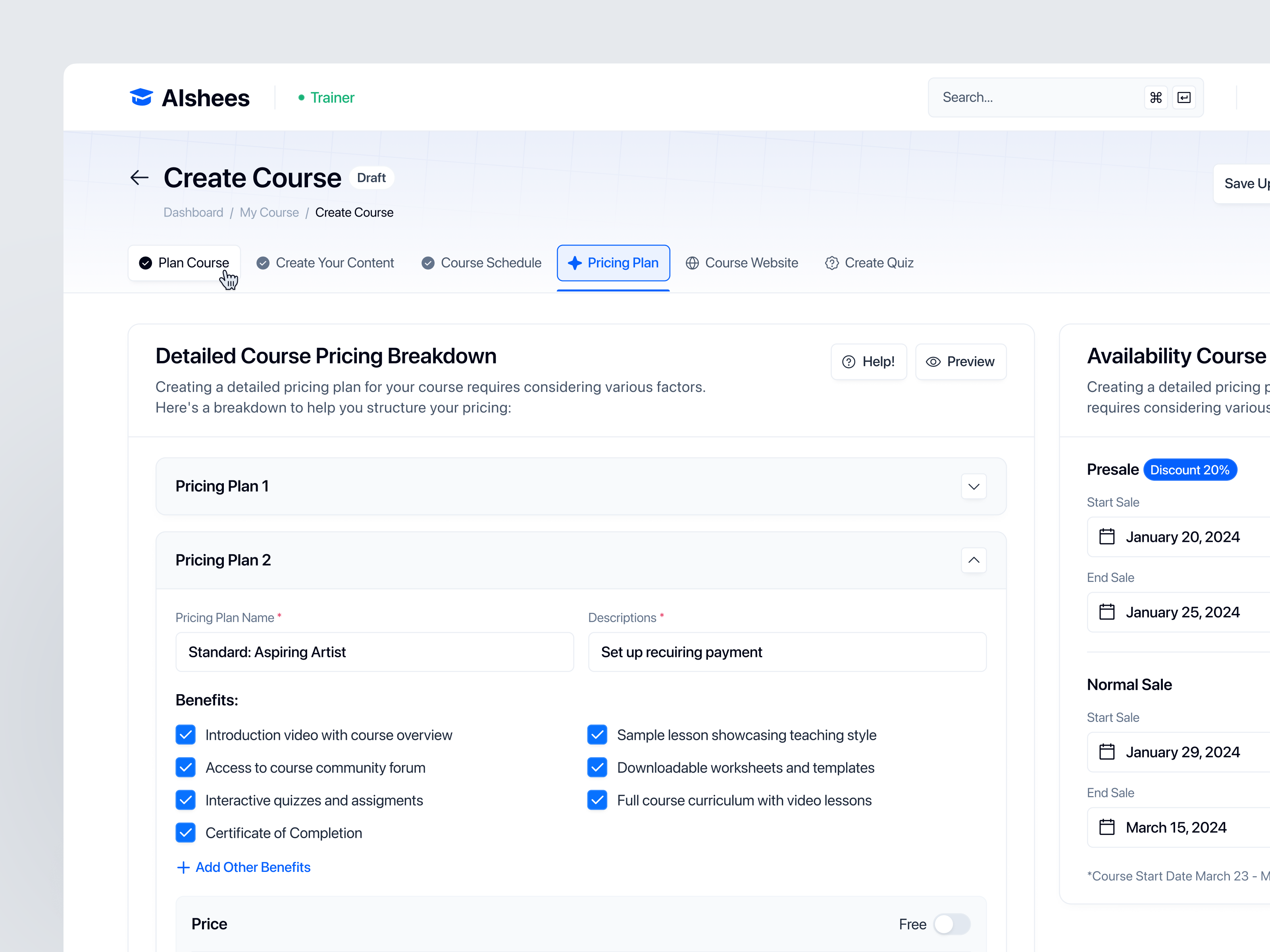 Create New Course / Pricing Plan - Online Course Platform by Fariz Al 👋 ...