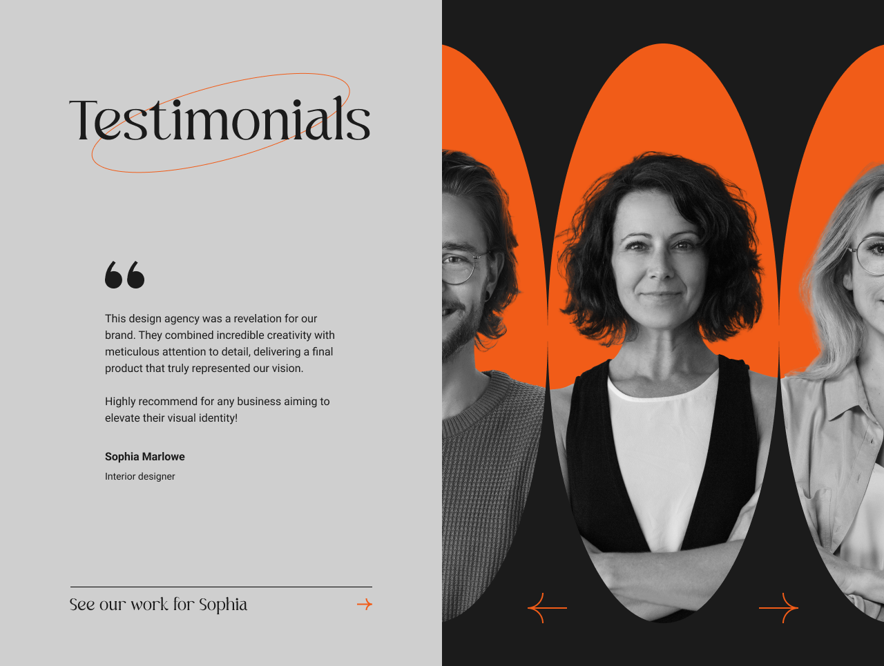 Testimonials section for a design agency by Kosta on Dribbble