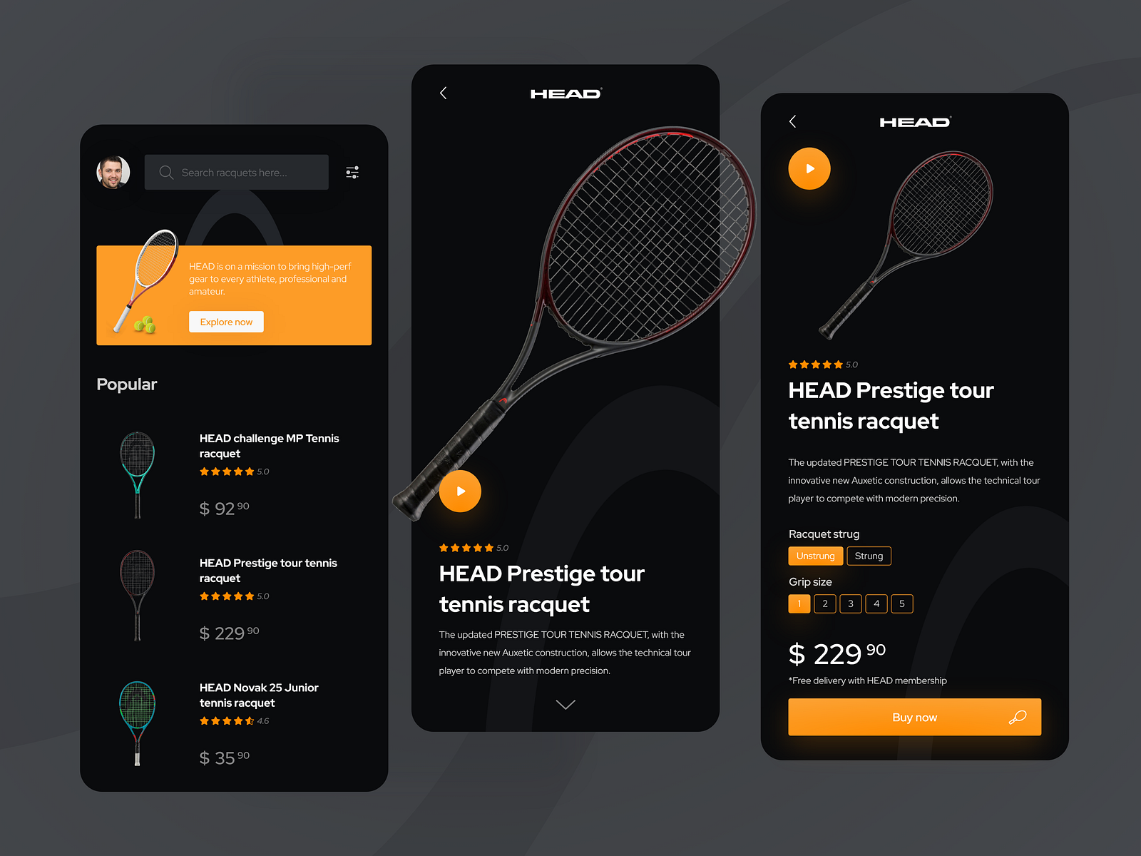 Racquets shop mobile App - Dark UI by Ajdin Turkovic on Dribbble