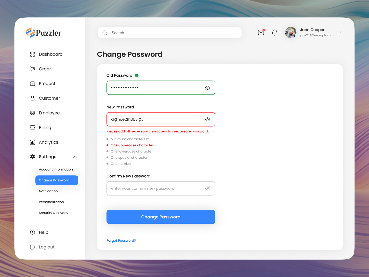 Change password UI - Puzzler SaaS by Zahidul Hossain on Dribbble
