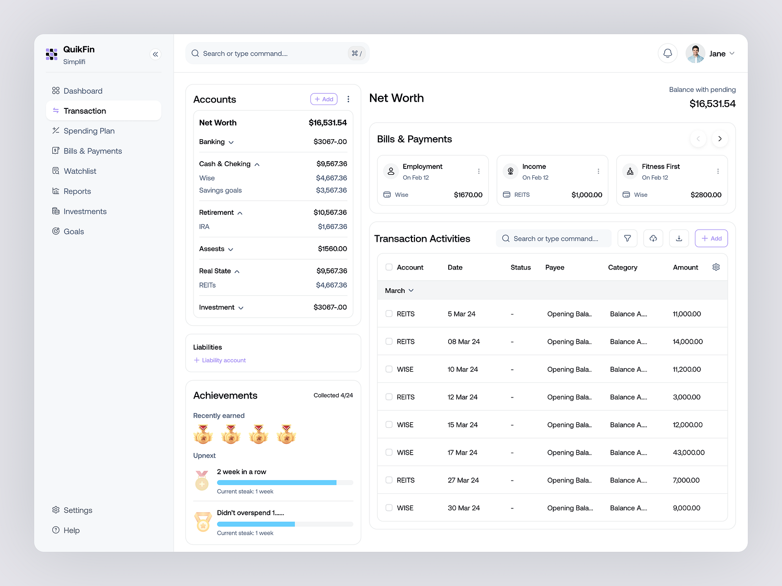 QuikFin Finance Transaction page by Filllo Design Agency on Dribbble