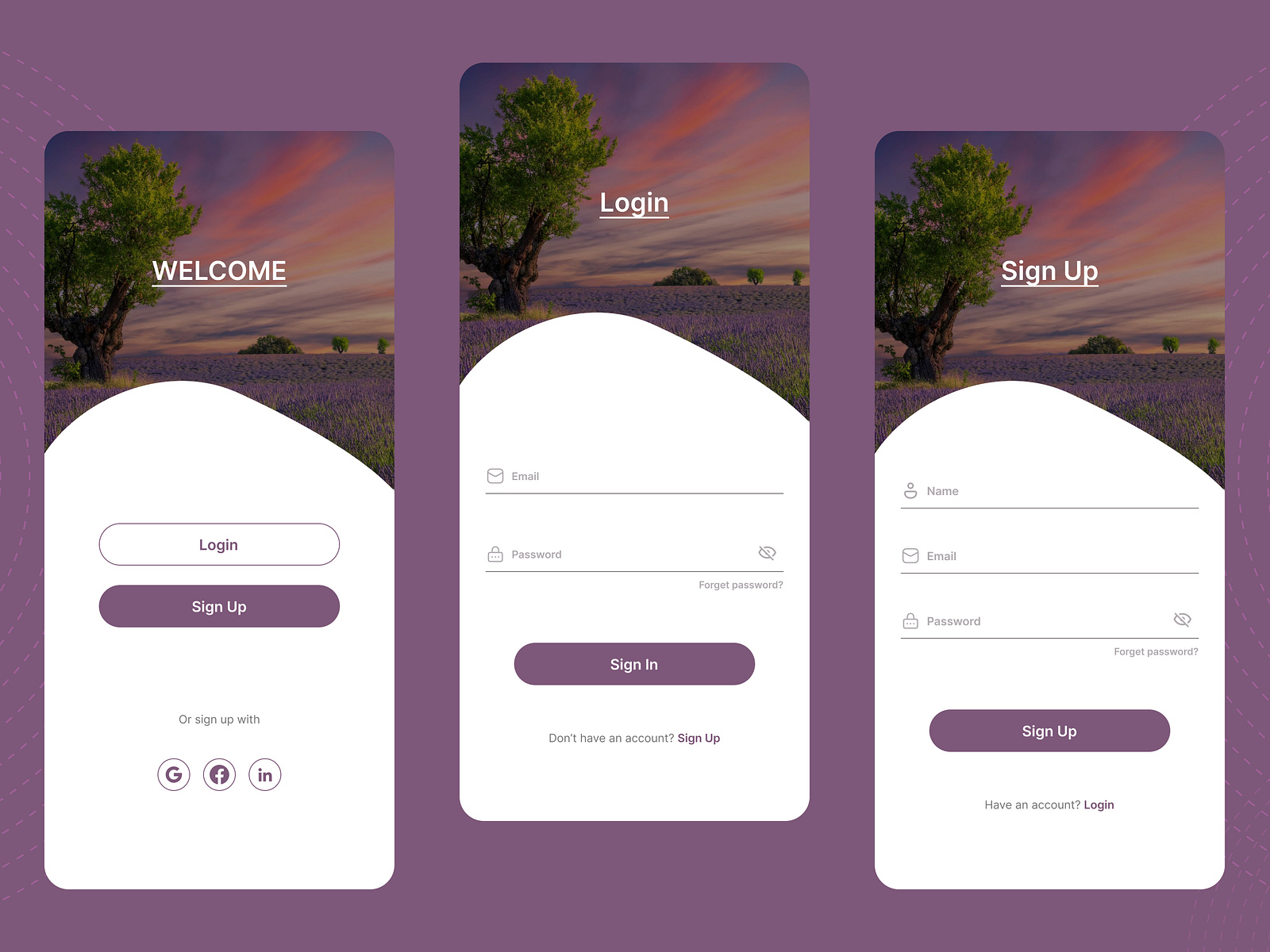 Welcome page , Login and Sign Up by Kareem Atef on Dribbble