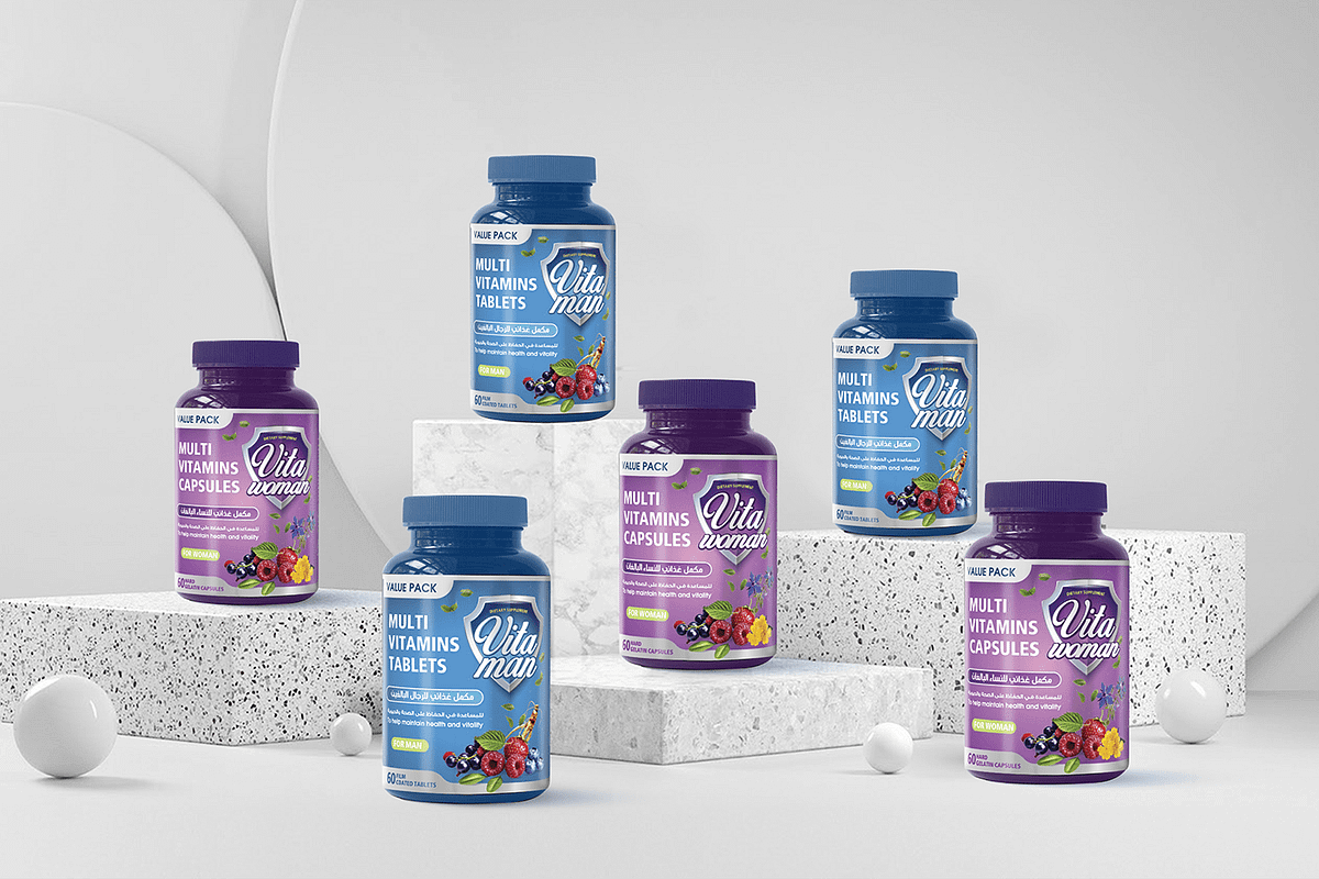 Women and men multivitamin packaging label designs. by Marklinica on ...