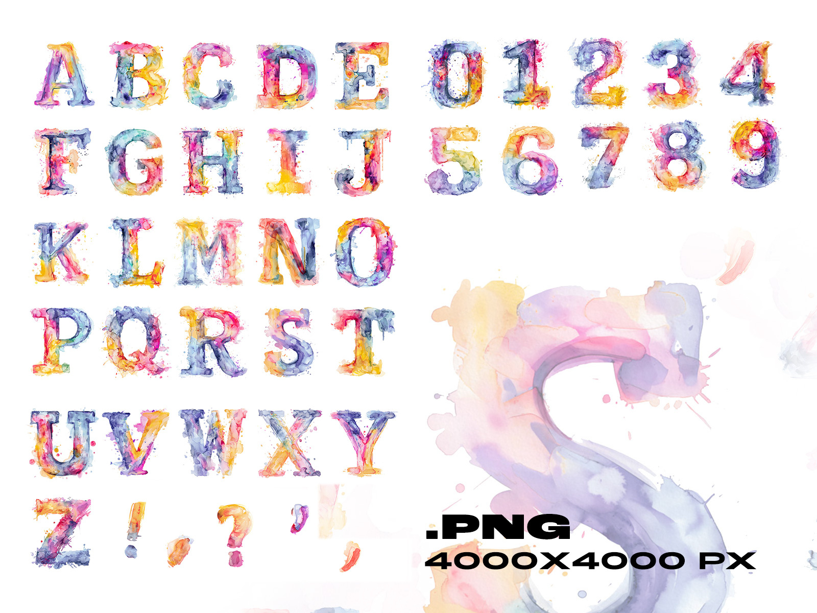 Hand-drawn Style Colorful Watercolor Alphabets And Numbers by ...