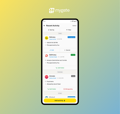 MyGate Activity screen redesign by Inthiyaz Ahmad Khan on Dribbble