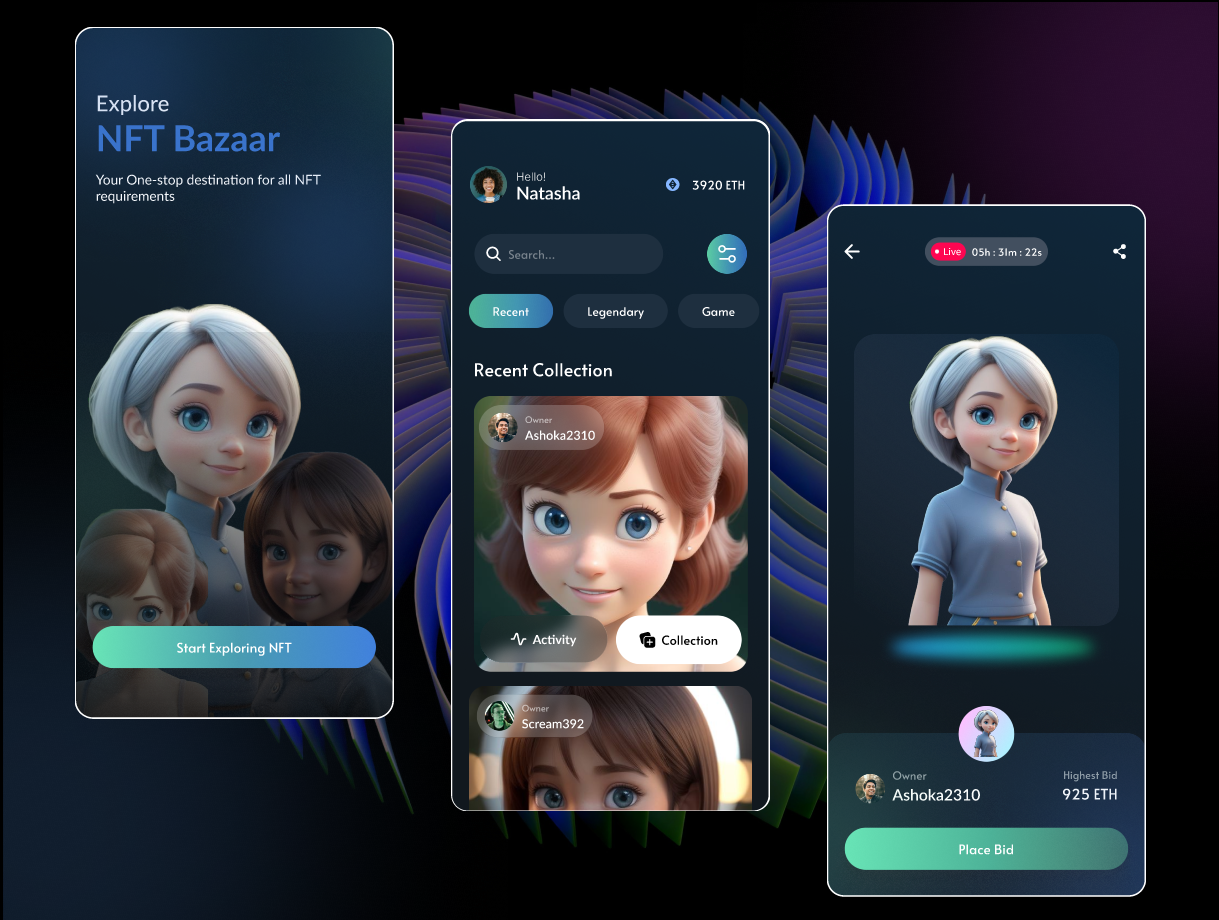Dark UI Screens for NFT Mobile Application by Swarup Debnath on Dribbble