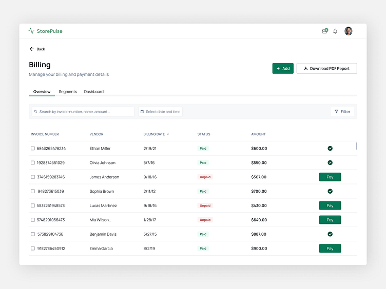 Billing Page - Dashboard by Vineesh Vasu on Dribbble