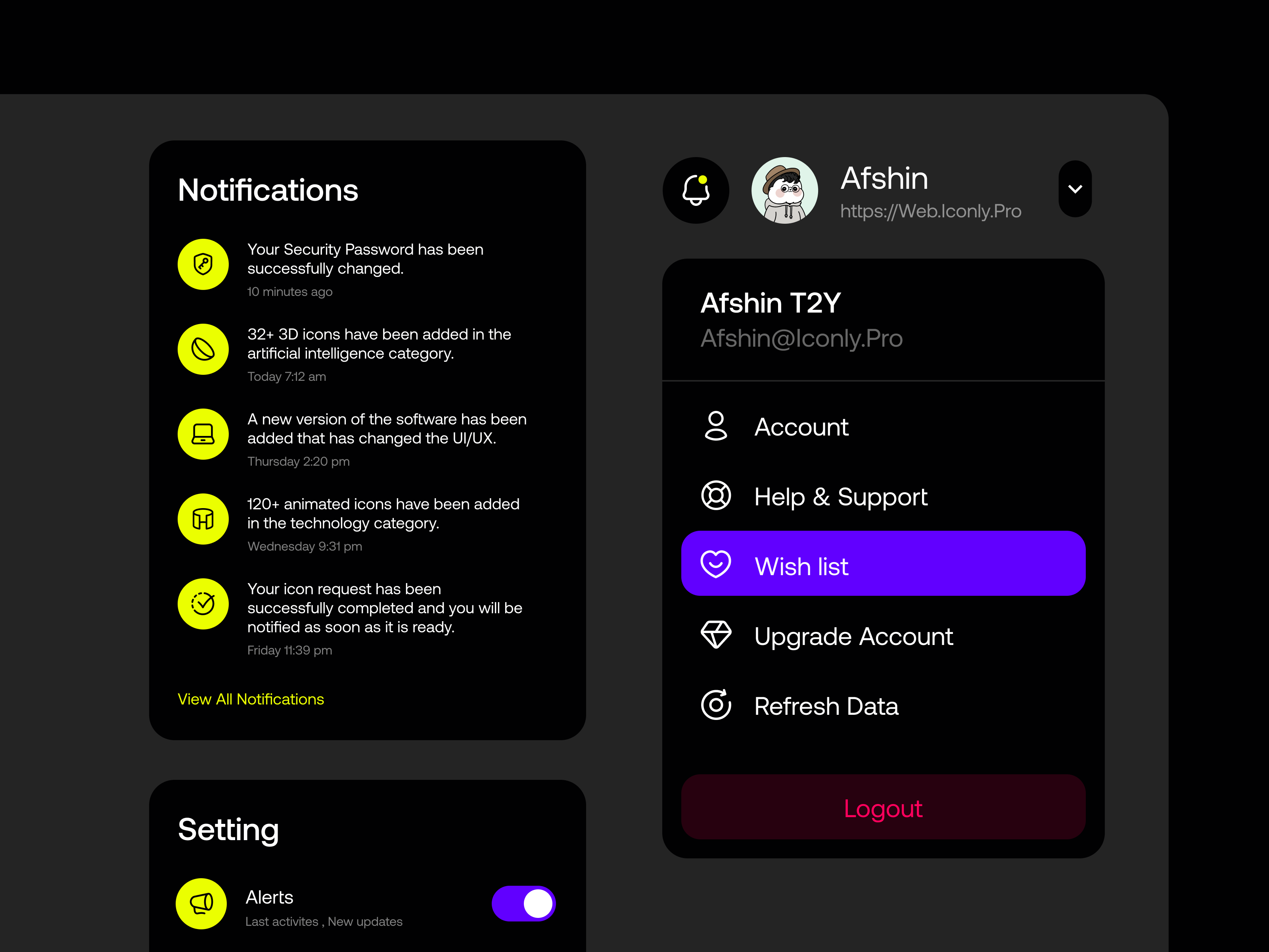 Notification & Profile Menu by Afshin T2Y for Piqo Studio on Dribbble