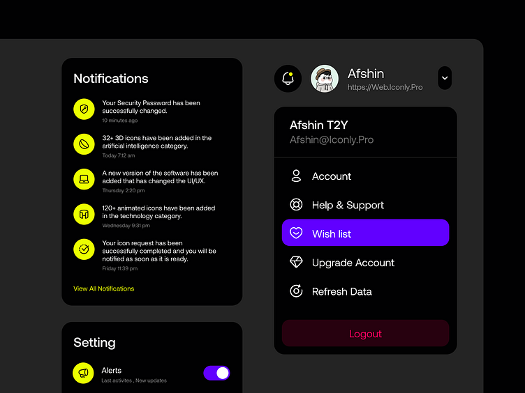 Notification & Profile Menu by Afshin T2Y for Piqo Studio on Dribbble