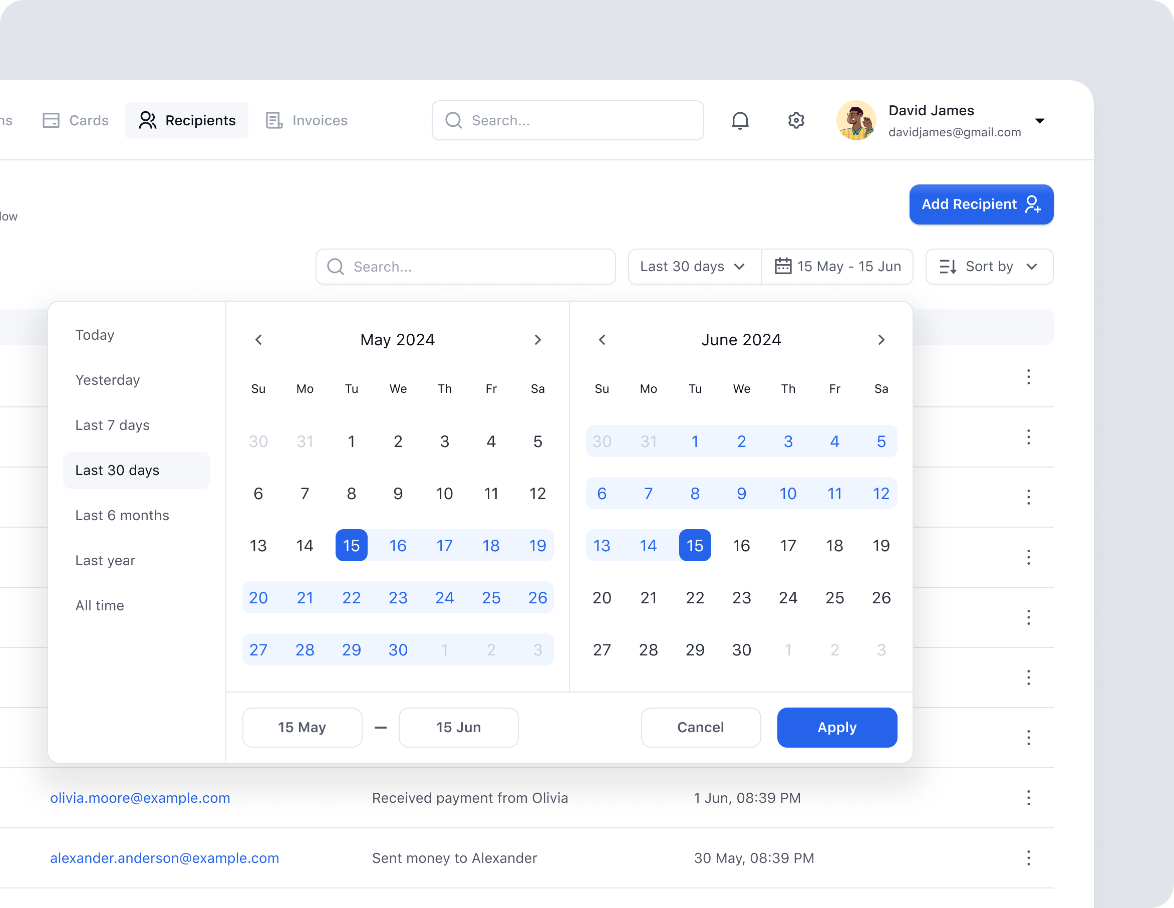 Date Range Component by Mohab Marwan on Dribbble