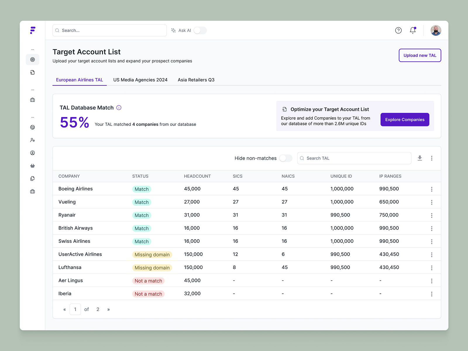 Analytics Tabbed Database Matching Table by Amadeu Thomson for ...