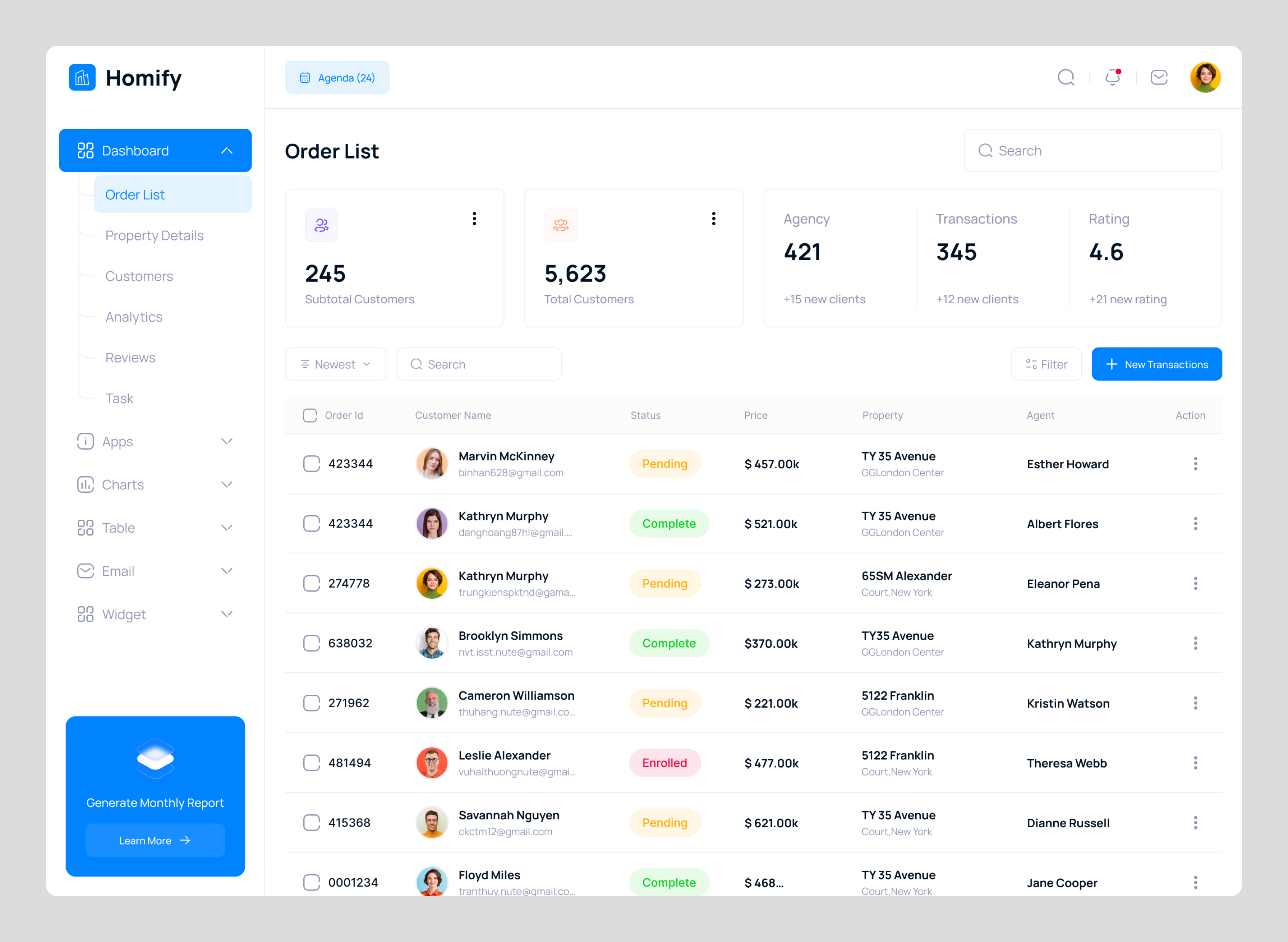 Real Estate Dashboard - Order List UI/UX Design by Md Mostafizur on ...