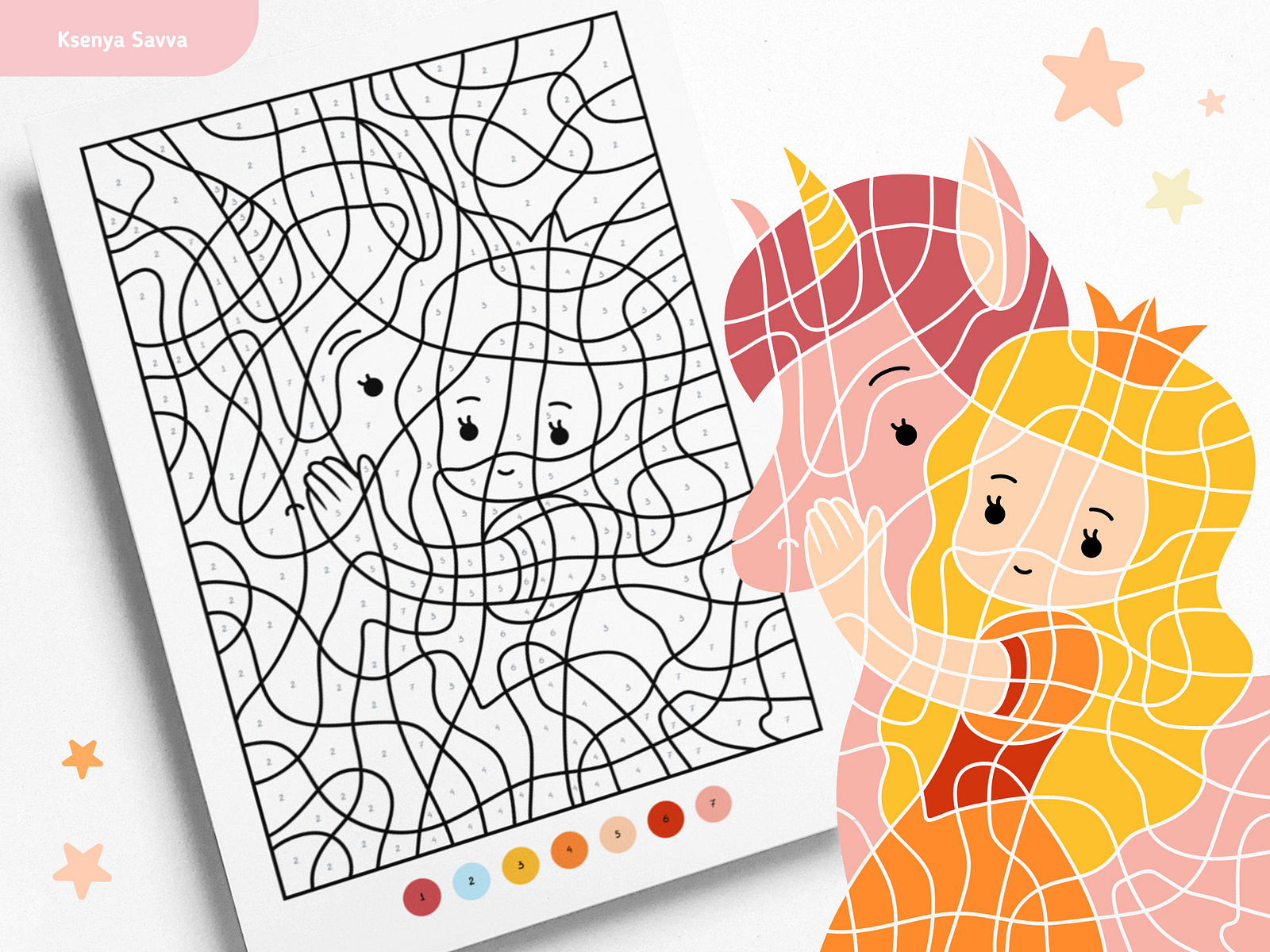 Cute princess and unicorn, color by number game for children by Ksenya ...