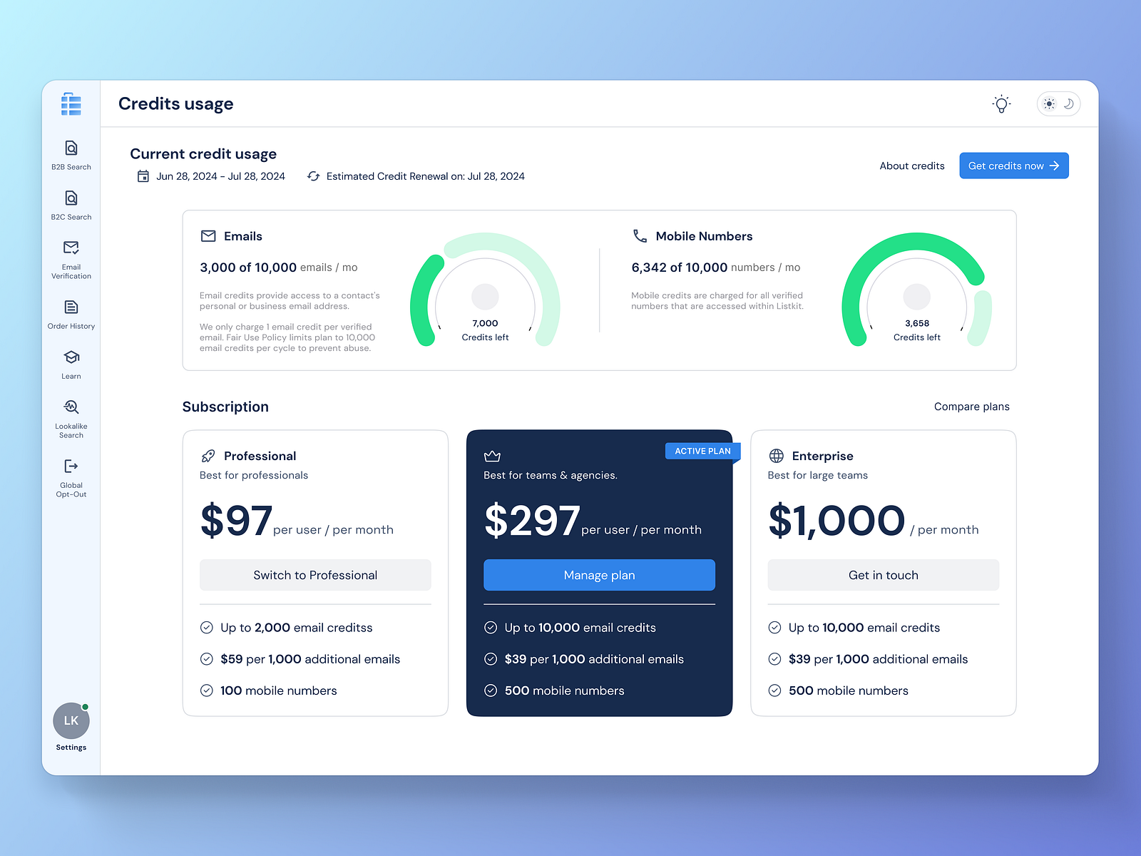 Credit Usage - Outreach SaaS by Gabriel Miranda for UserActive on Dribbble