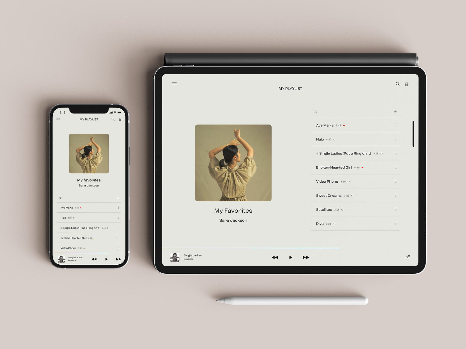 Mobile and tablet view of minimalist music player app by Pili ...