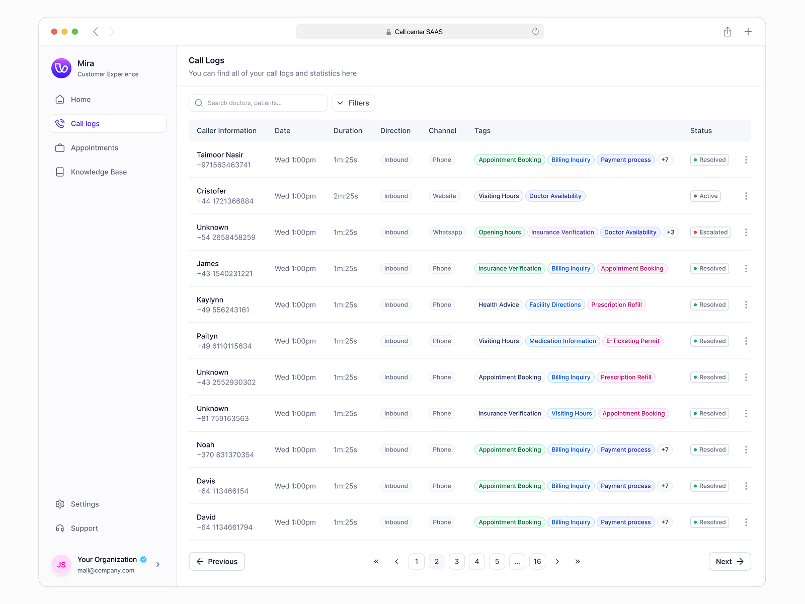 Call Center SAAS - Call logs by Taimoor Nasir on Dribbble