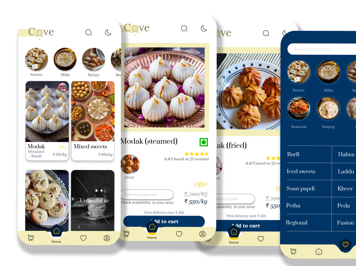 Cove- Indian sweets app design by Rupal Bhole, UI/UX designer on Dribbble