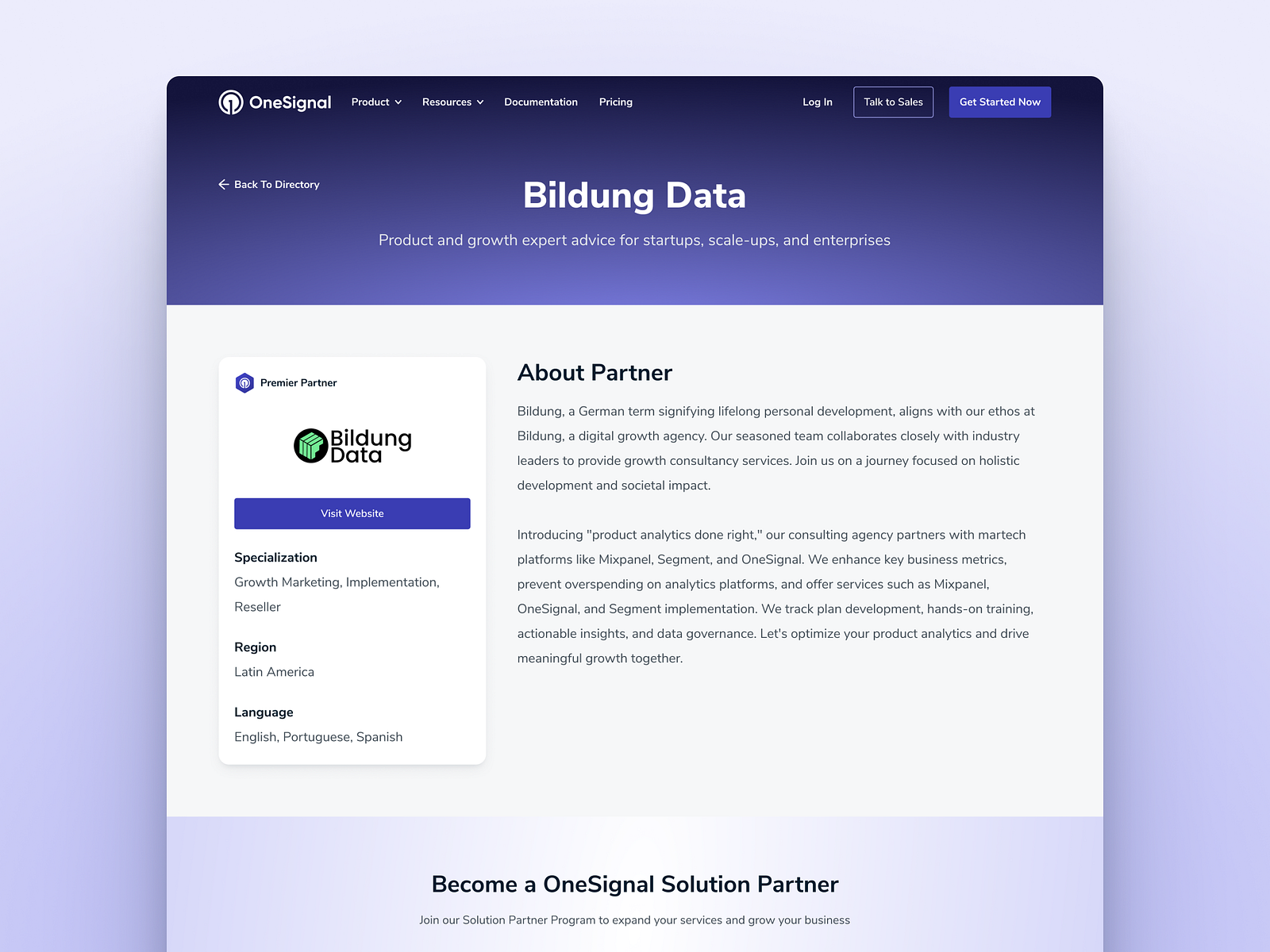 Partner Detail Page by Catherine J. Supnet for OneSignal on Dribbble