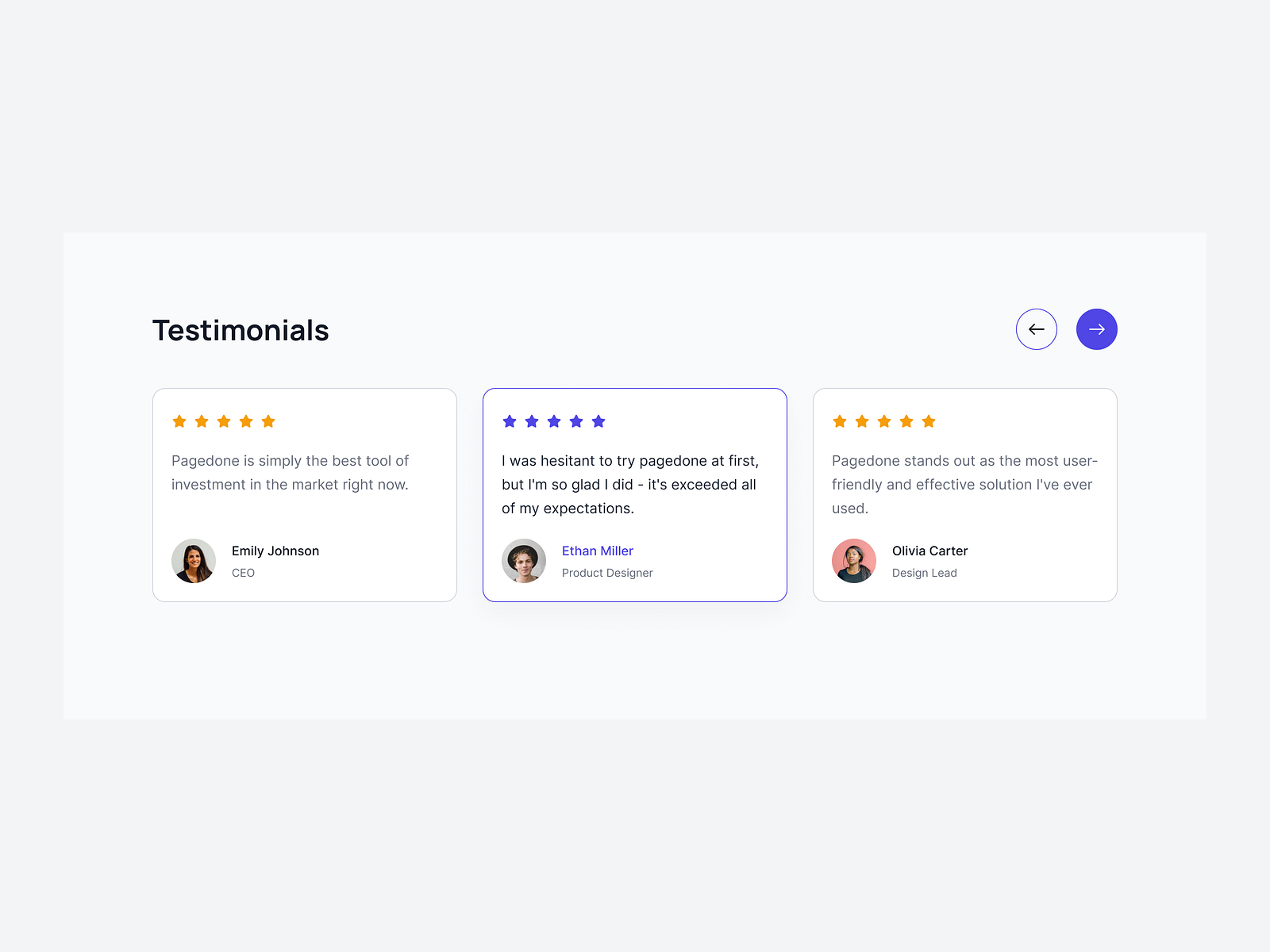 Three cards testimonial slider section by Pagedone on Dribbble