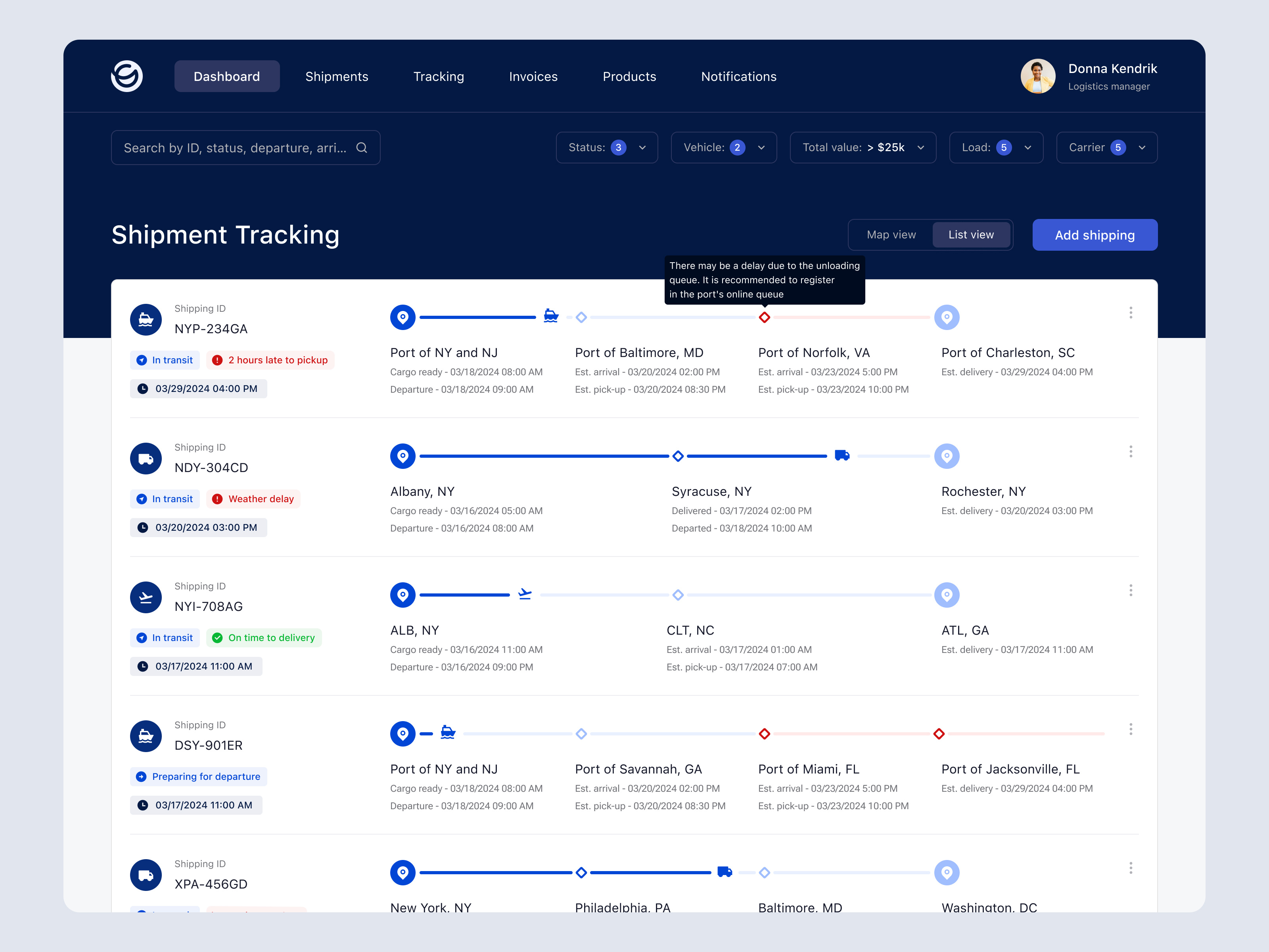 Dynamic Map and List-Based Shipment Tracking Dashboard by Ksenia for ...